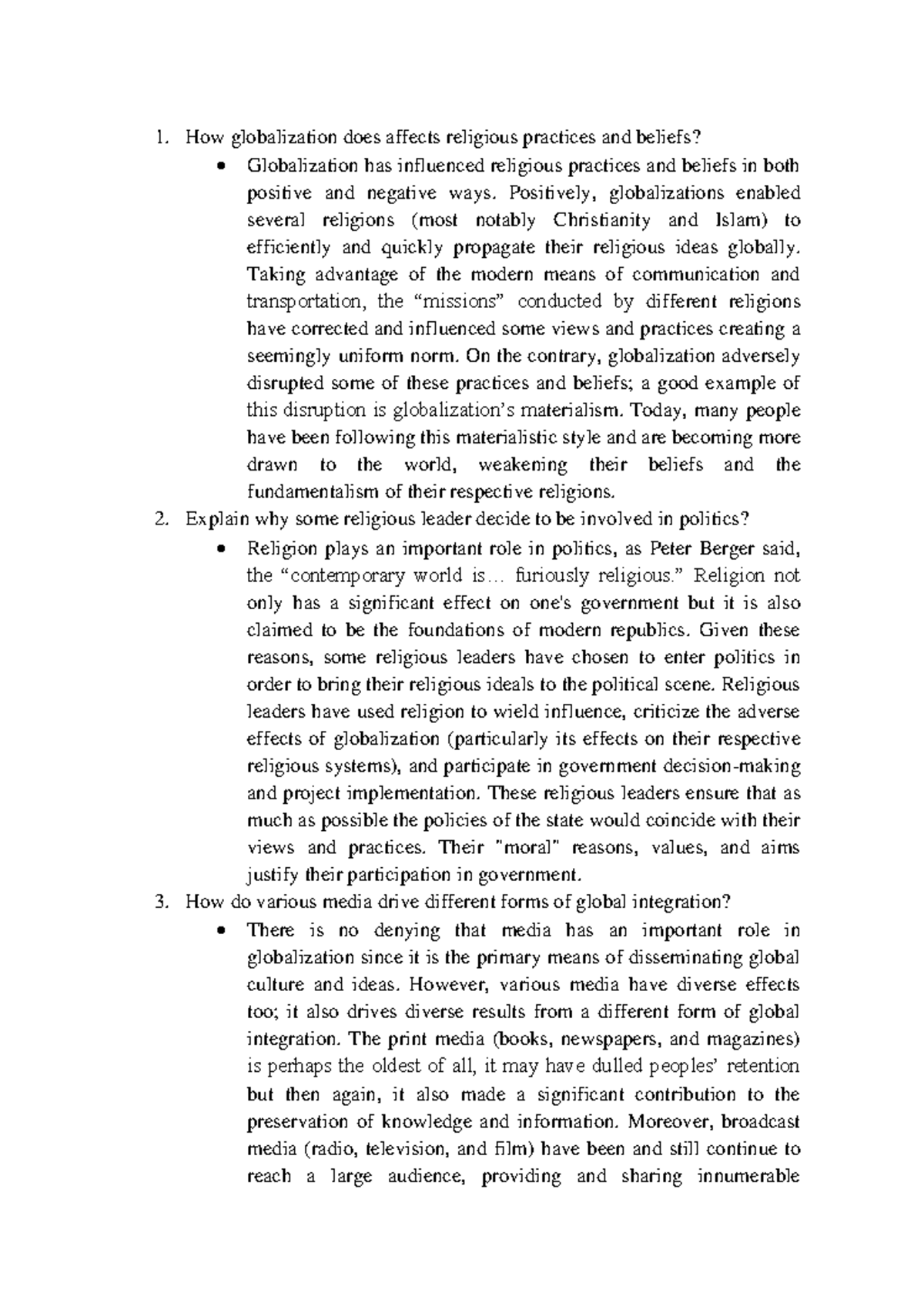 GE 3 Final EXAM - How globalization does affects religious practices ...