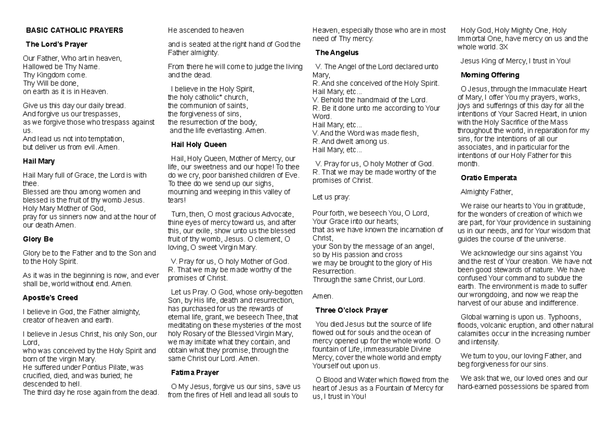 Basic Catholic Prayers - BASIC CATHOLIC PRAYERS The Lord’s Prayer Our ...