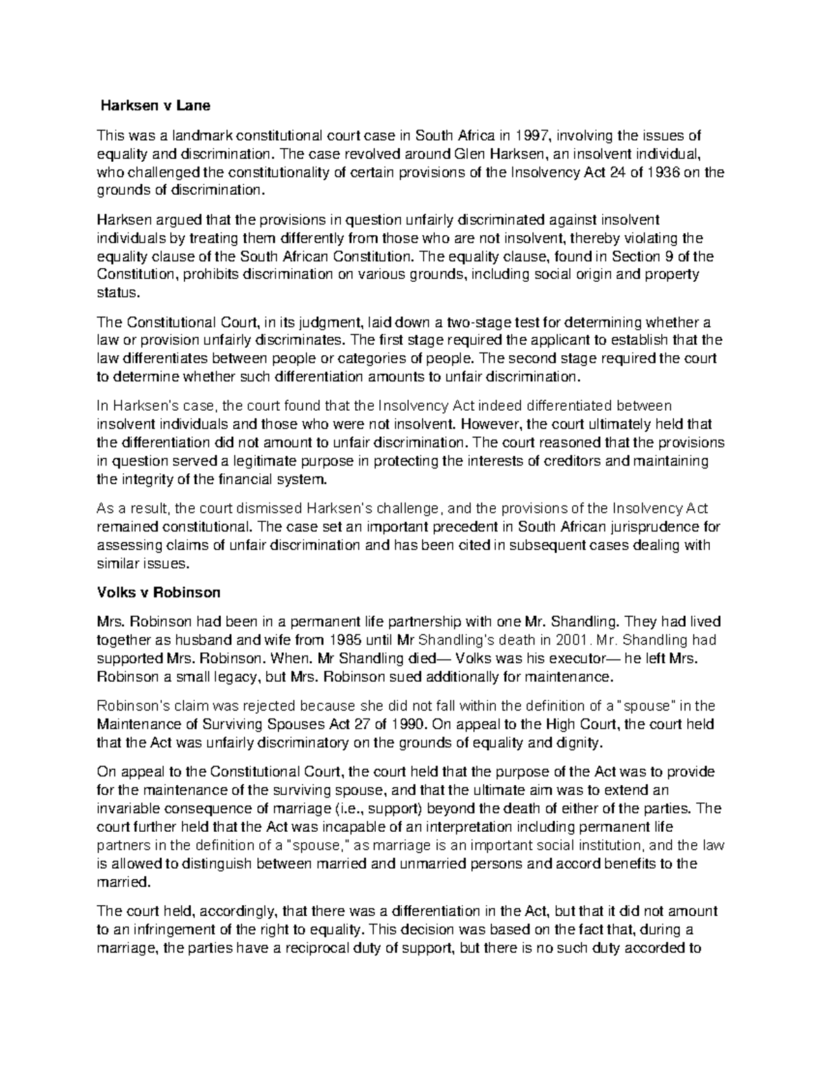 Case summary - Harksen v Lane This was a landmark constitutional court ...