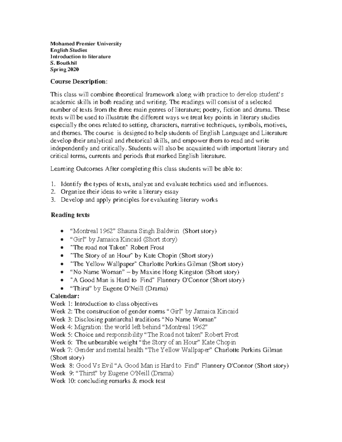 Intro to Lit S4 syllabus 19 - Mohamed Premier University English ...