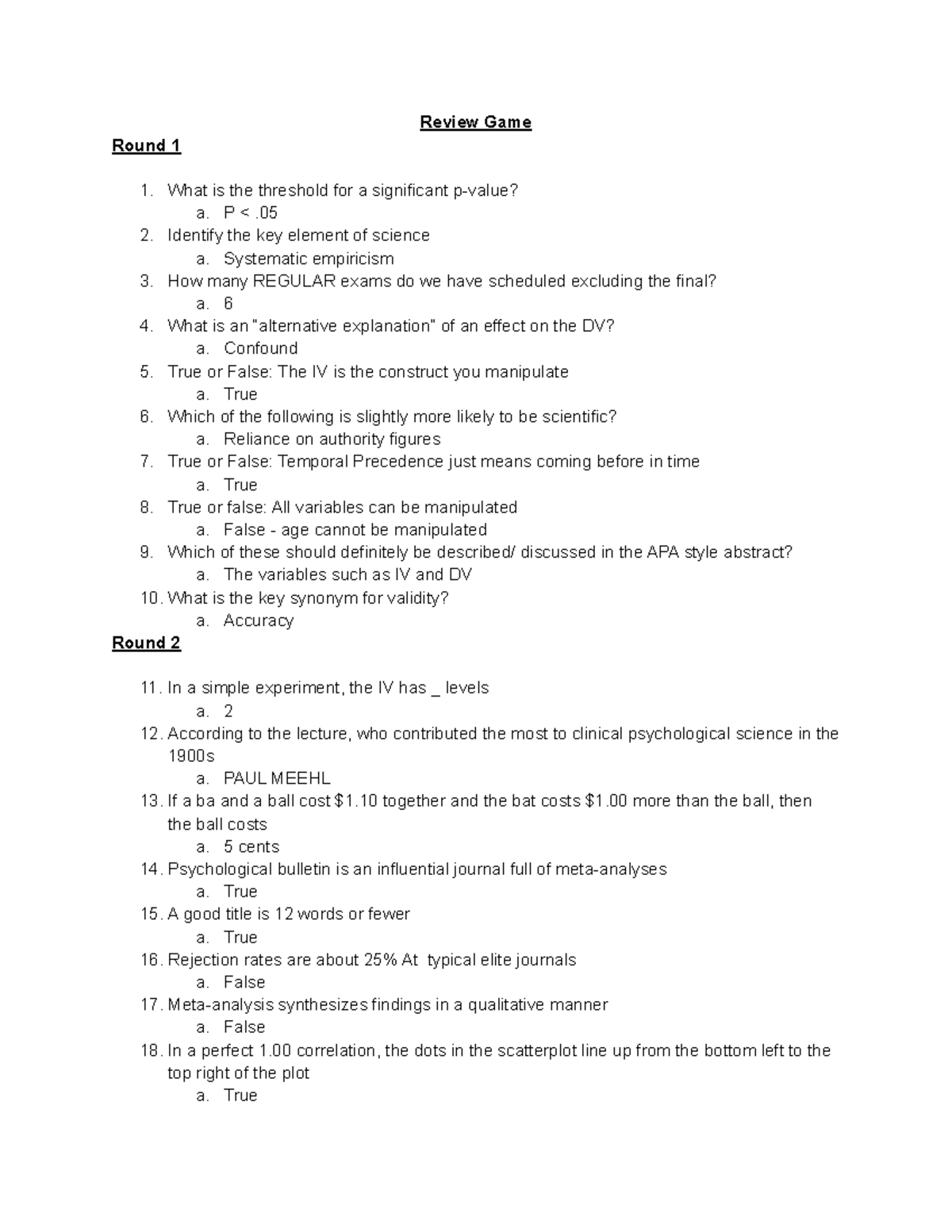 Exam 1 Review - Goes over P values, confounds, variable manipulation ...
