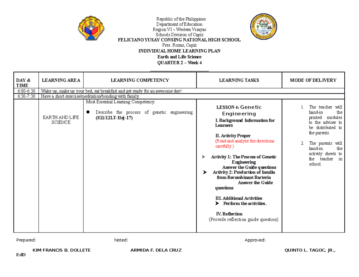 ELS-week-4 This refer to Individual learning plan for students on Earth ...