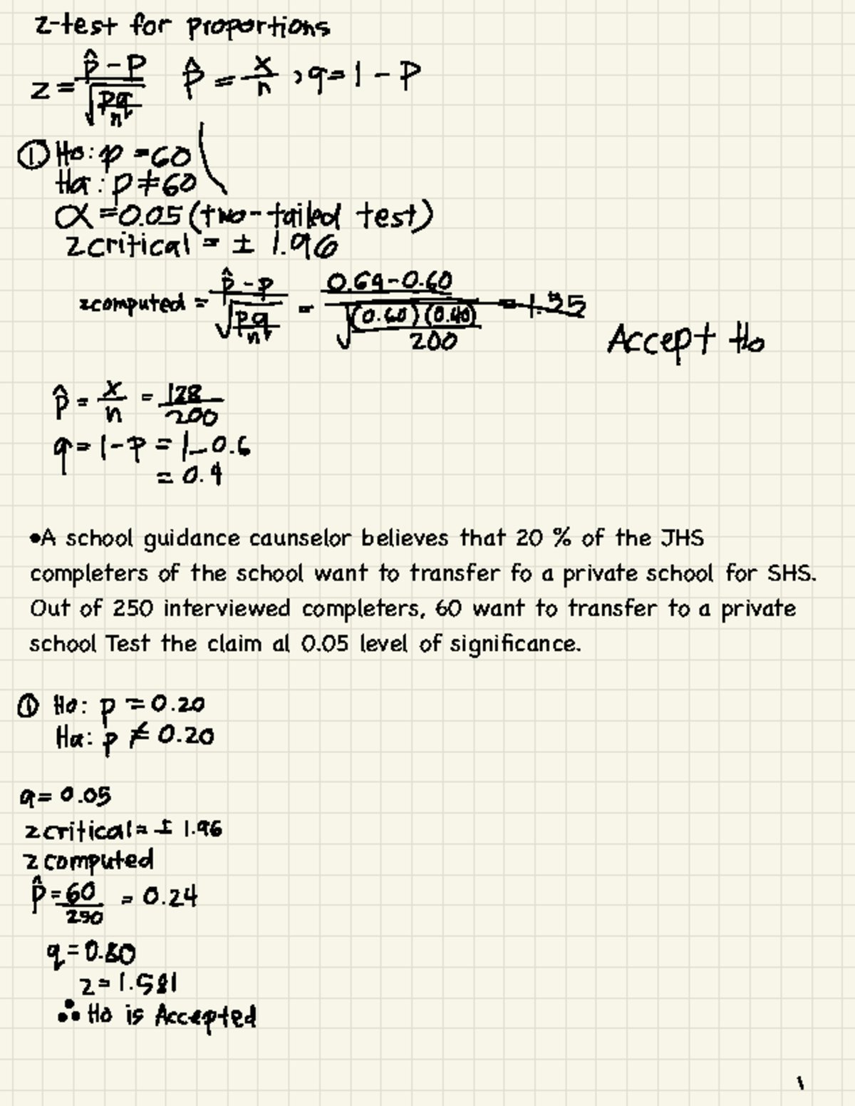 Untitled - Notes - •A school guidance caunselor believes that 20 % of ...