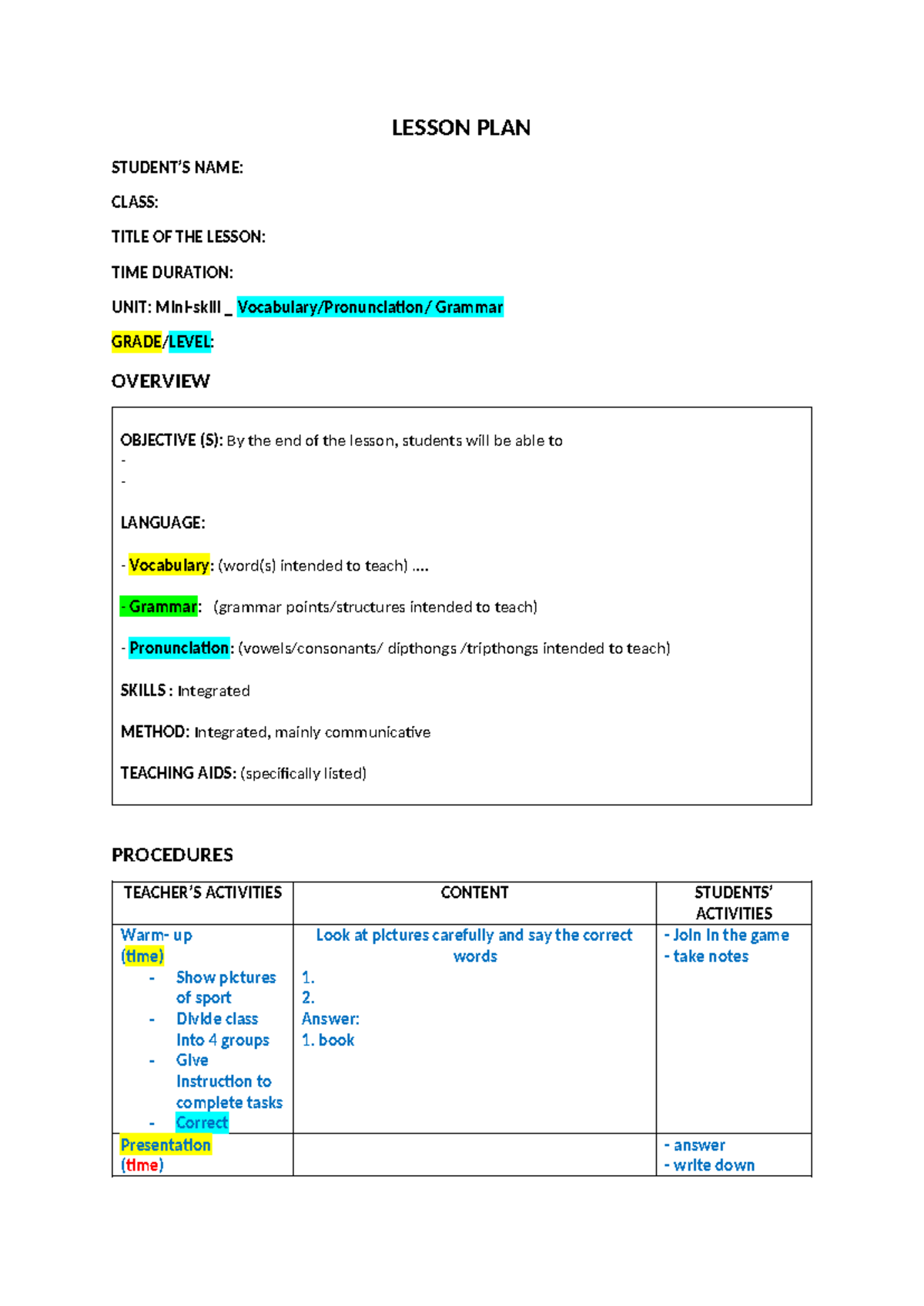 Lesson PLAN Template - gdt7y2jdhemdhe - LESSON PLAN STUDENT’S NAME ...