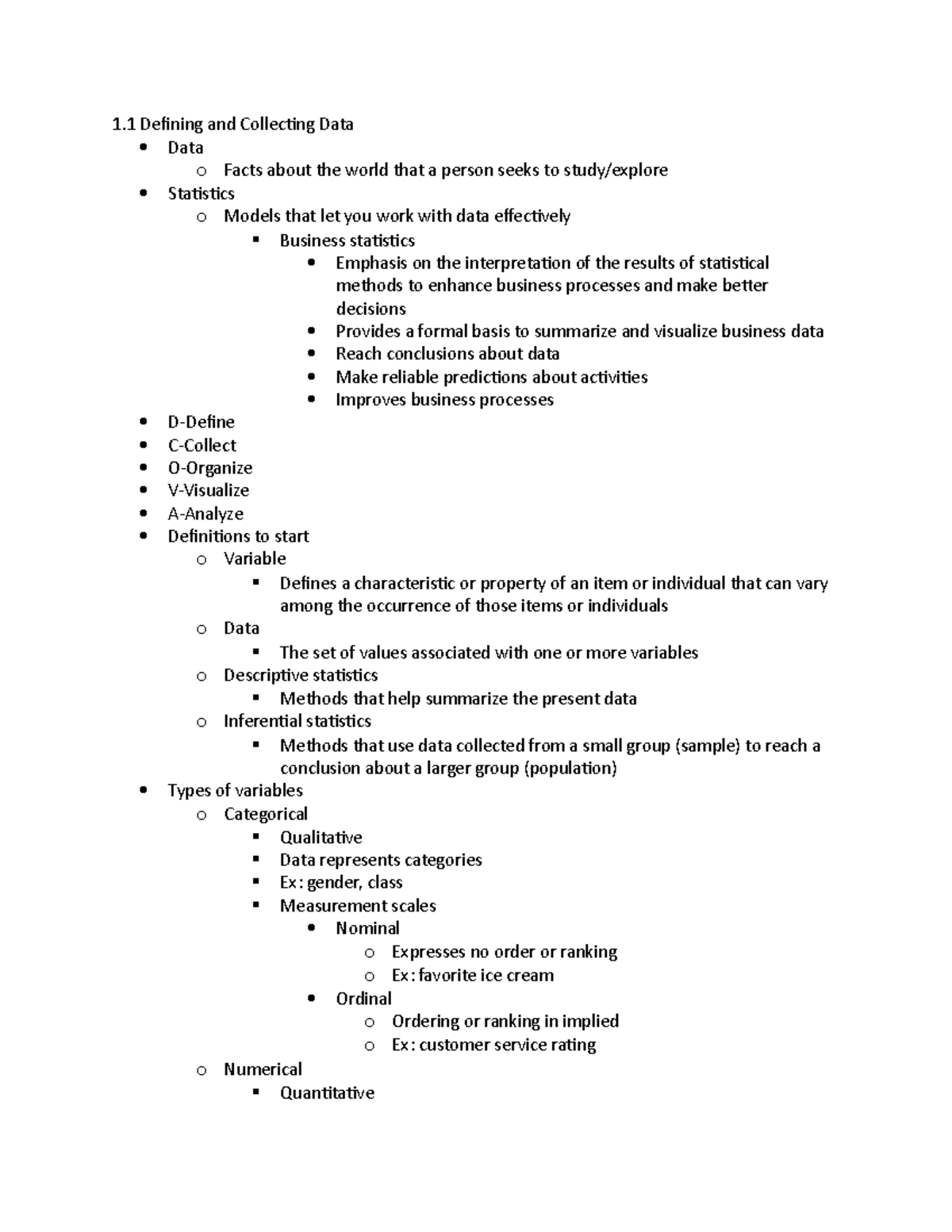 STAT 206 1.1 notes - 1 Defining and Collecting Data Data o Facts about ...