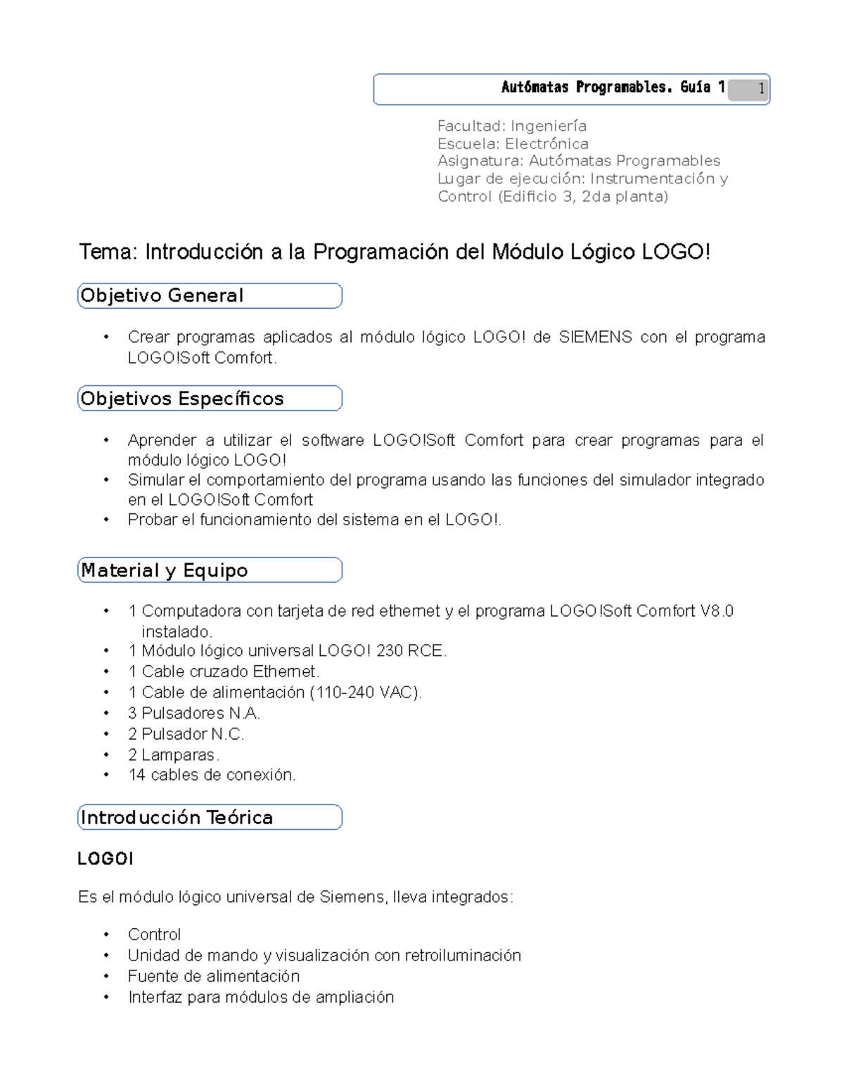 Guia Programacion de LOGO Simenes - 1 Facultad: Ingeniería Escuela: Electrónica Asignatura ...