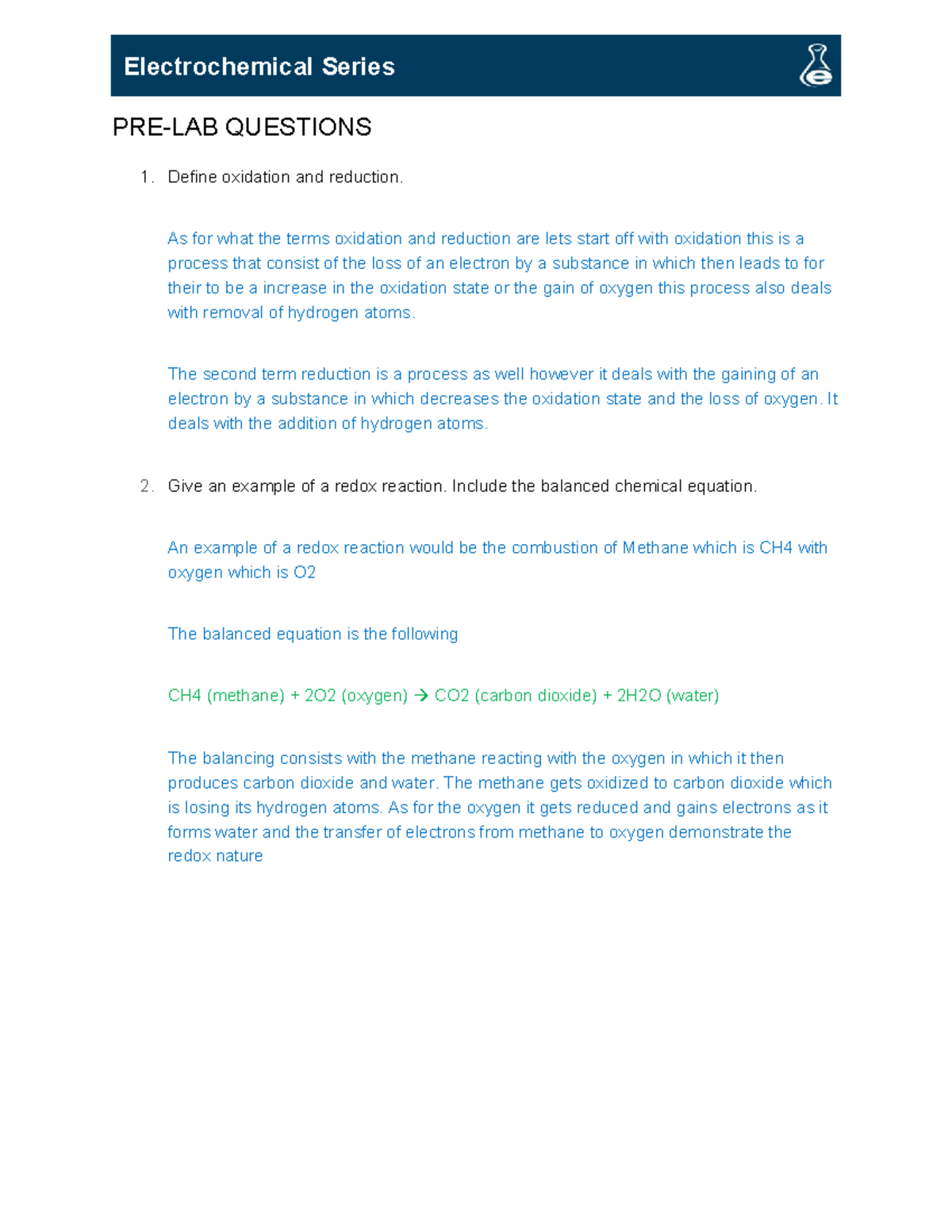 Electrochemical Series E Science Lab - PRE-LAB QUESTIONS 1. Define oxidation and reduction. As ...