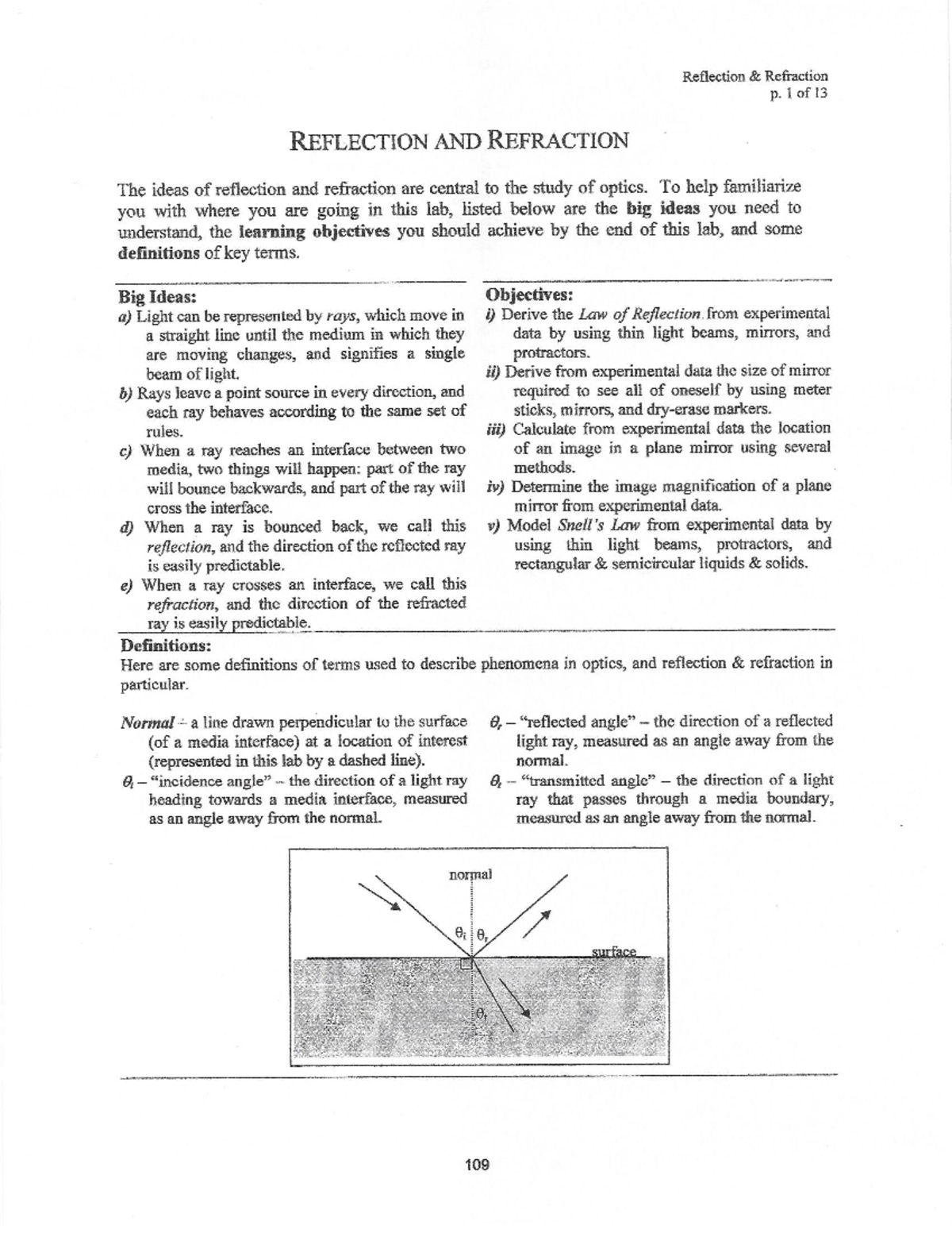 Reflect and Refract - Reflection Refraction p. 1 of 13 REFLECTION AND ...