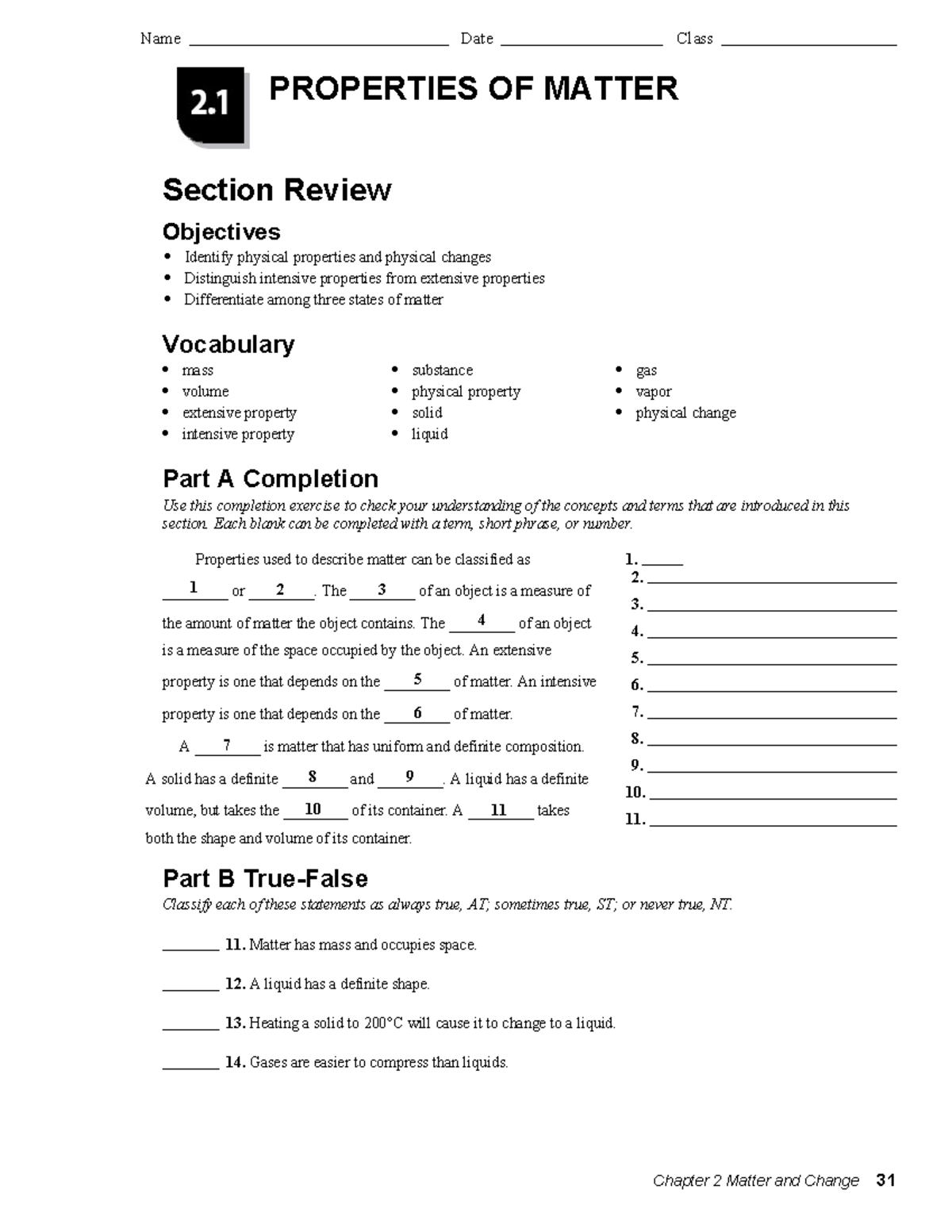Chapter 2 Study Guide - Name Date Class PROPERTIES OF MATTER Section ...