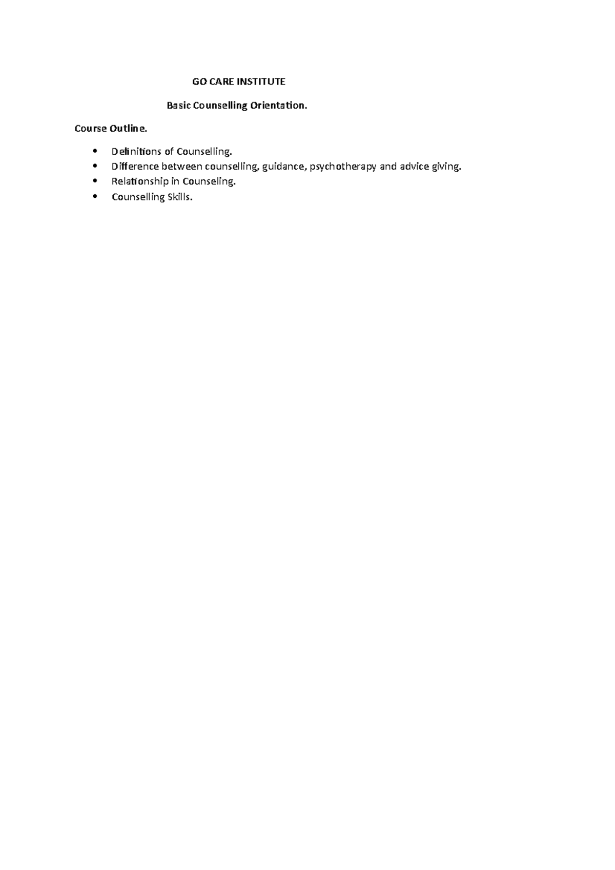 Basic Counselling Orientation - GO CARE INSTITUTE Basic Counselling ...