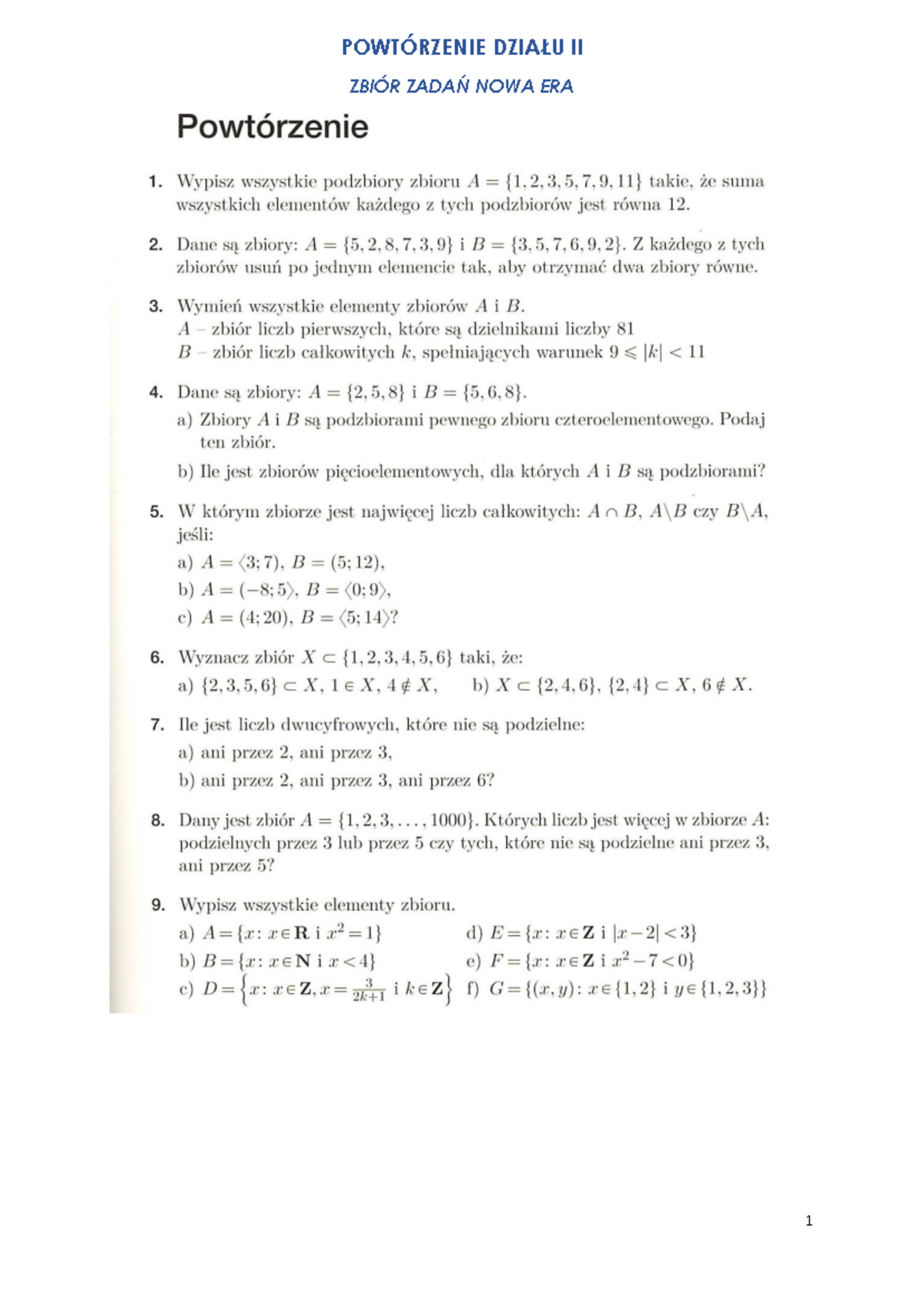 Powtórzenie DZIAŁU II - język matematyki zbiór zadan - Matematyka - POWTÓRZENIE DZIAŁU II ZBIÓR ...