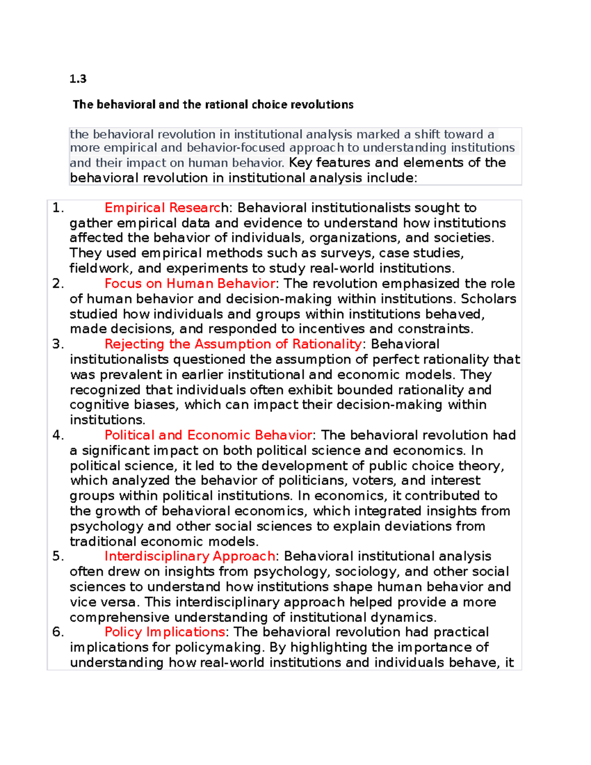 reading material - 1. The behavioral and the rational choice revolutions the behavioral ...