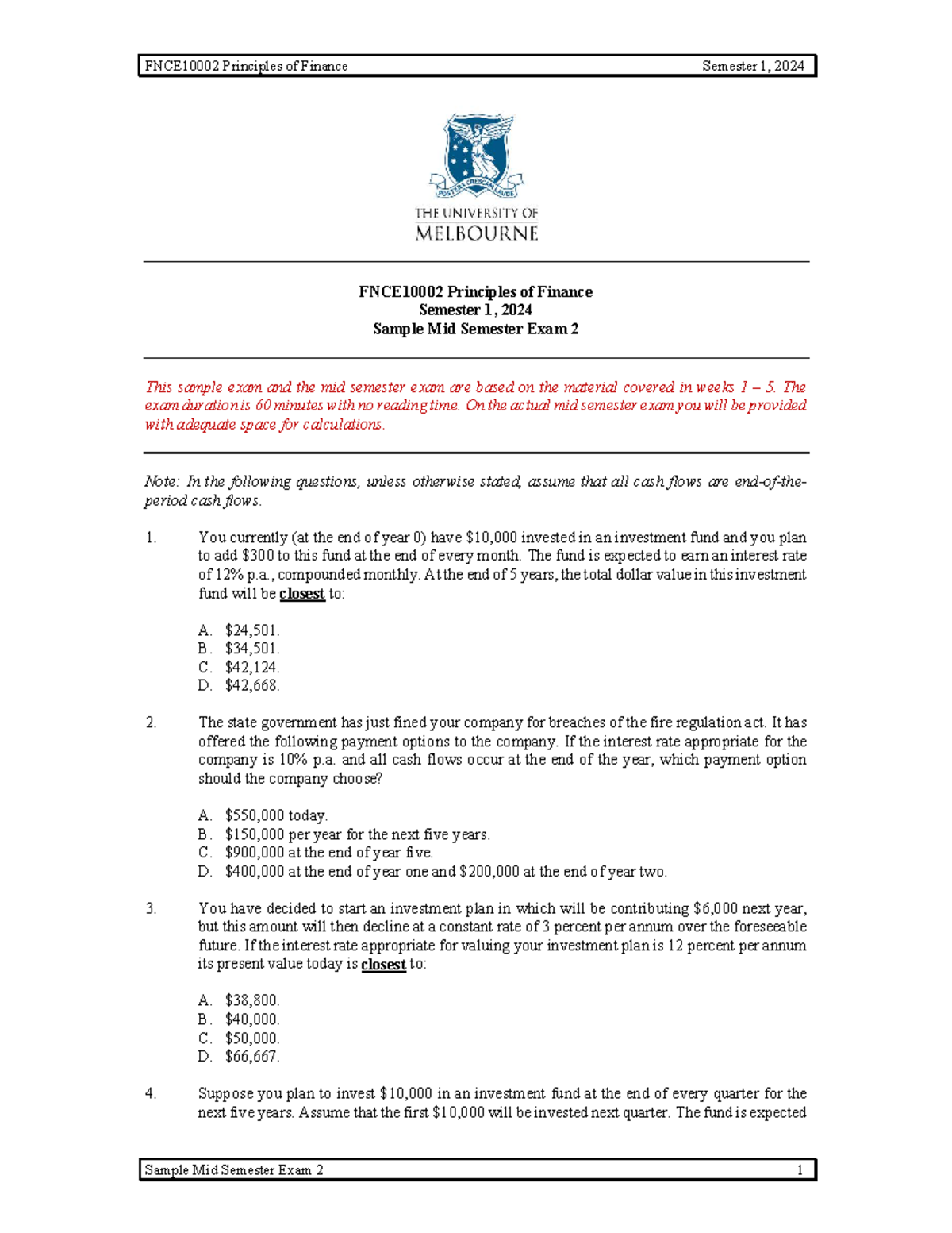Sample Mid Sem 2-Sem1-2024 - FNCE10002 Principles of Finance Semester 1, 2024 Sample Mid ...