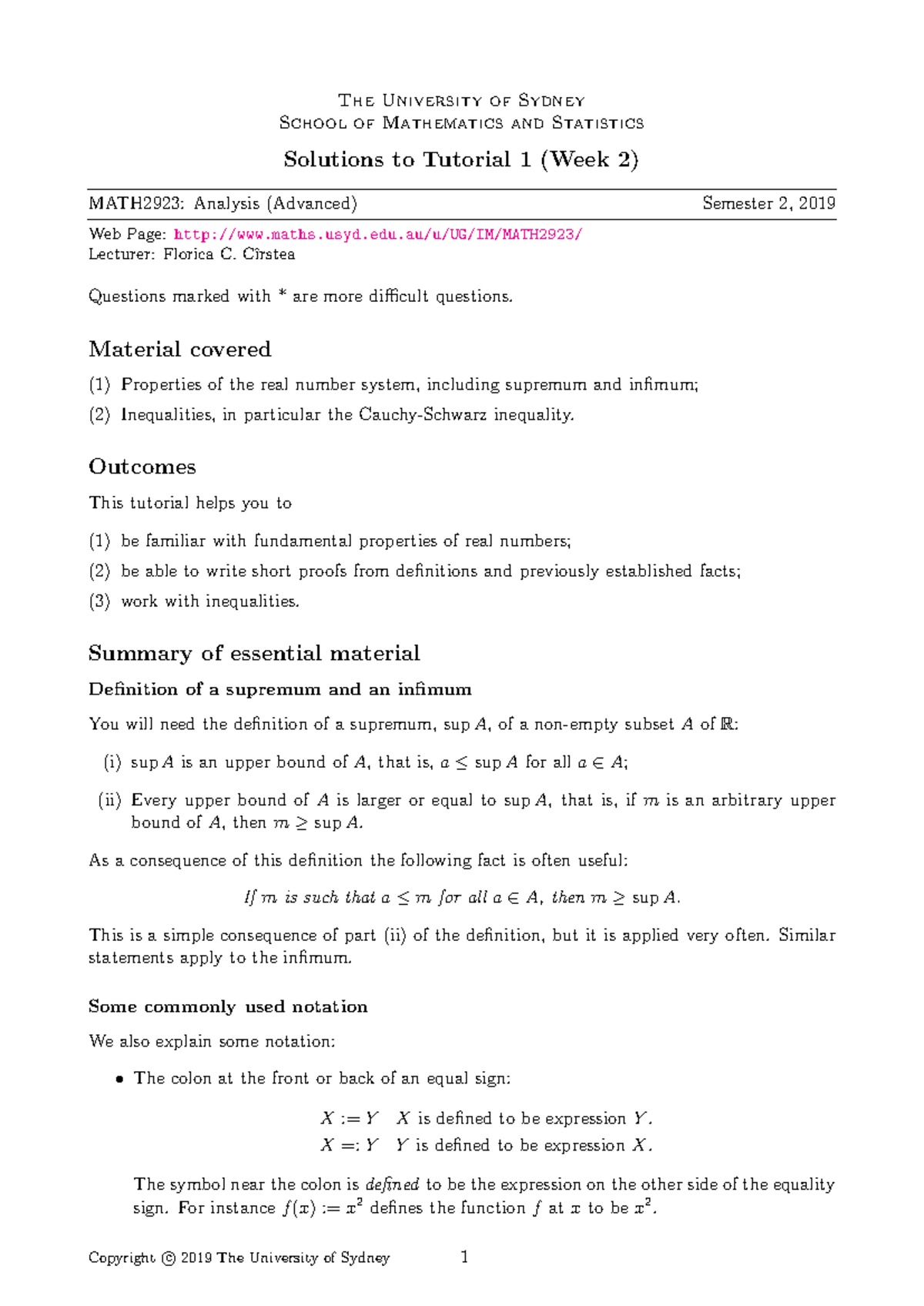 Tut01s - Tutorial 1 solutions - The University of Sydney School of Mathematics and Statistics ...