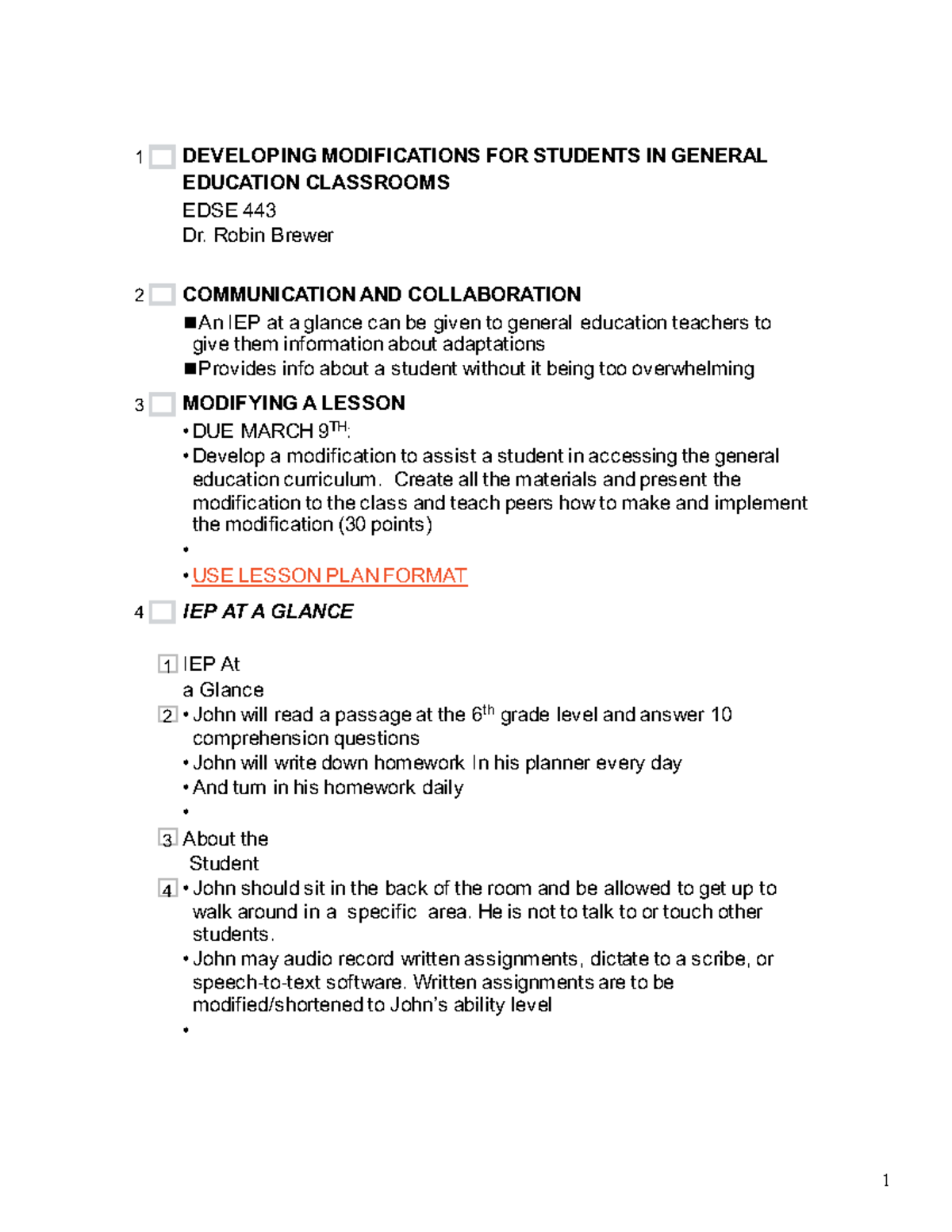 Modifications Handout - DEVELOPING MODIFICATIONS FOR STUDENTS IN ...