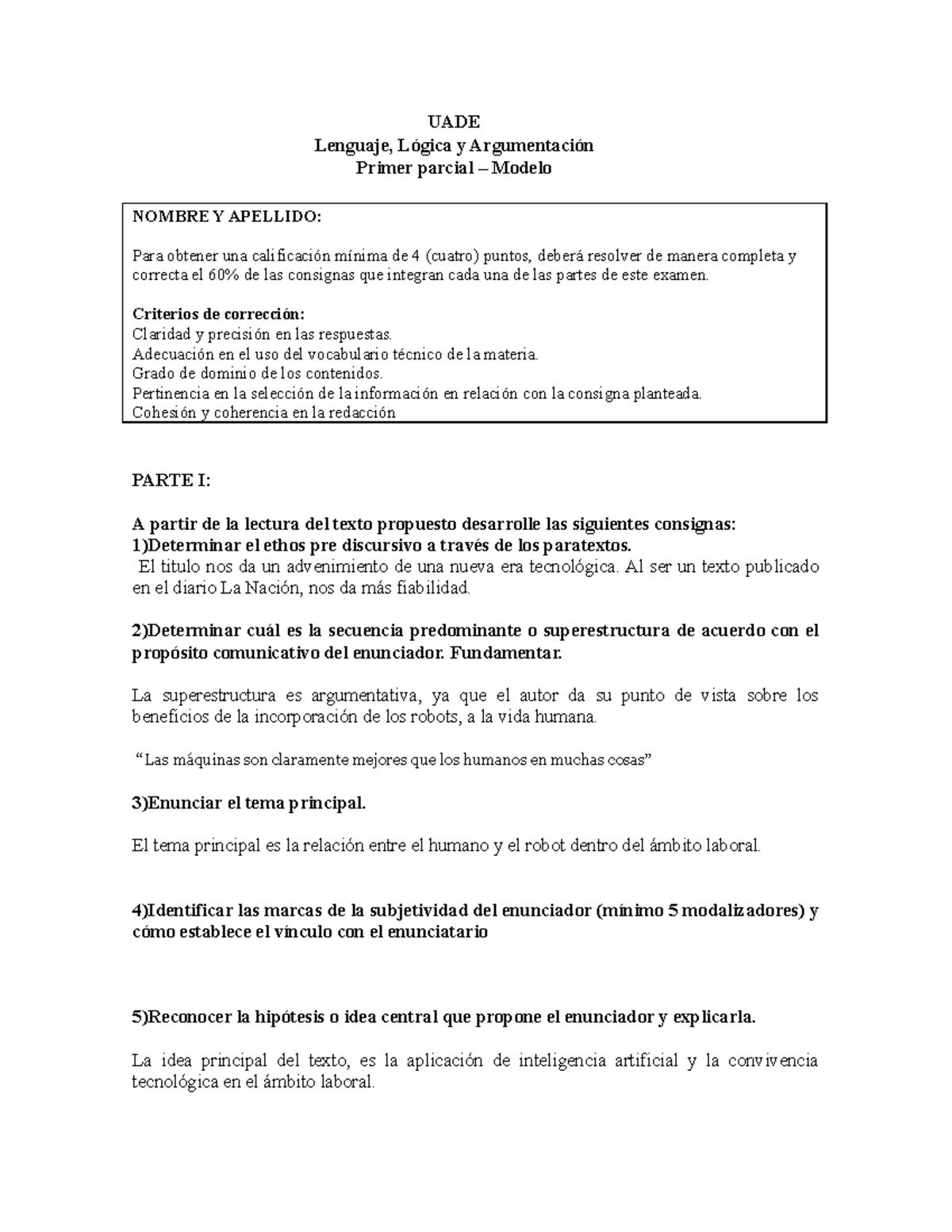 Simulacro Lenguaje - UADE Lenguaje, Lógica y Argumentación Primer parcial – Modelo NOMBRE Y ...