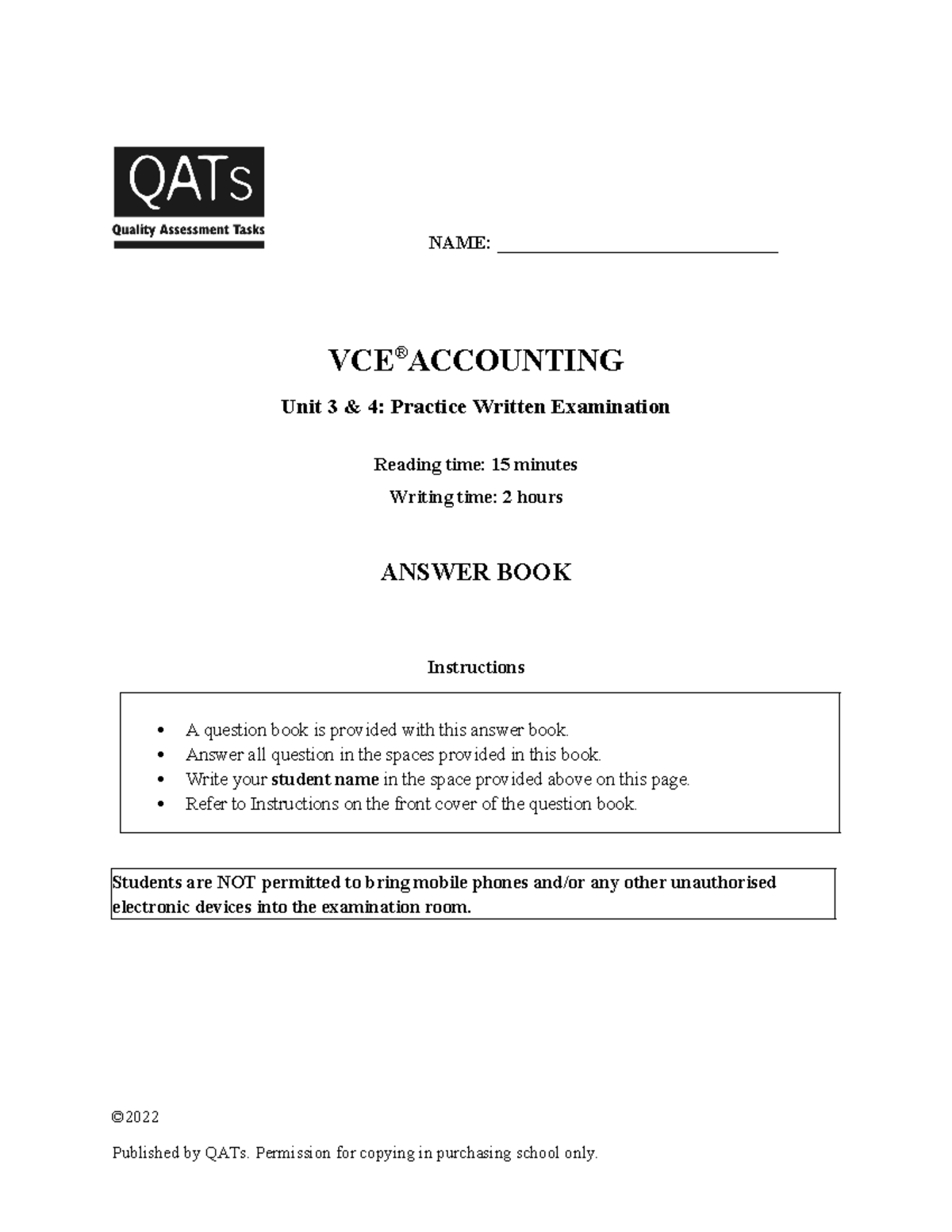 2022 QATS Practice Exam Answer Booklet - NAME ...