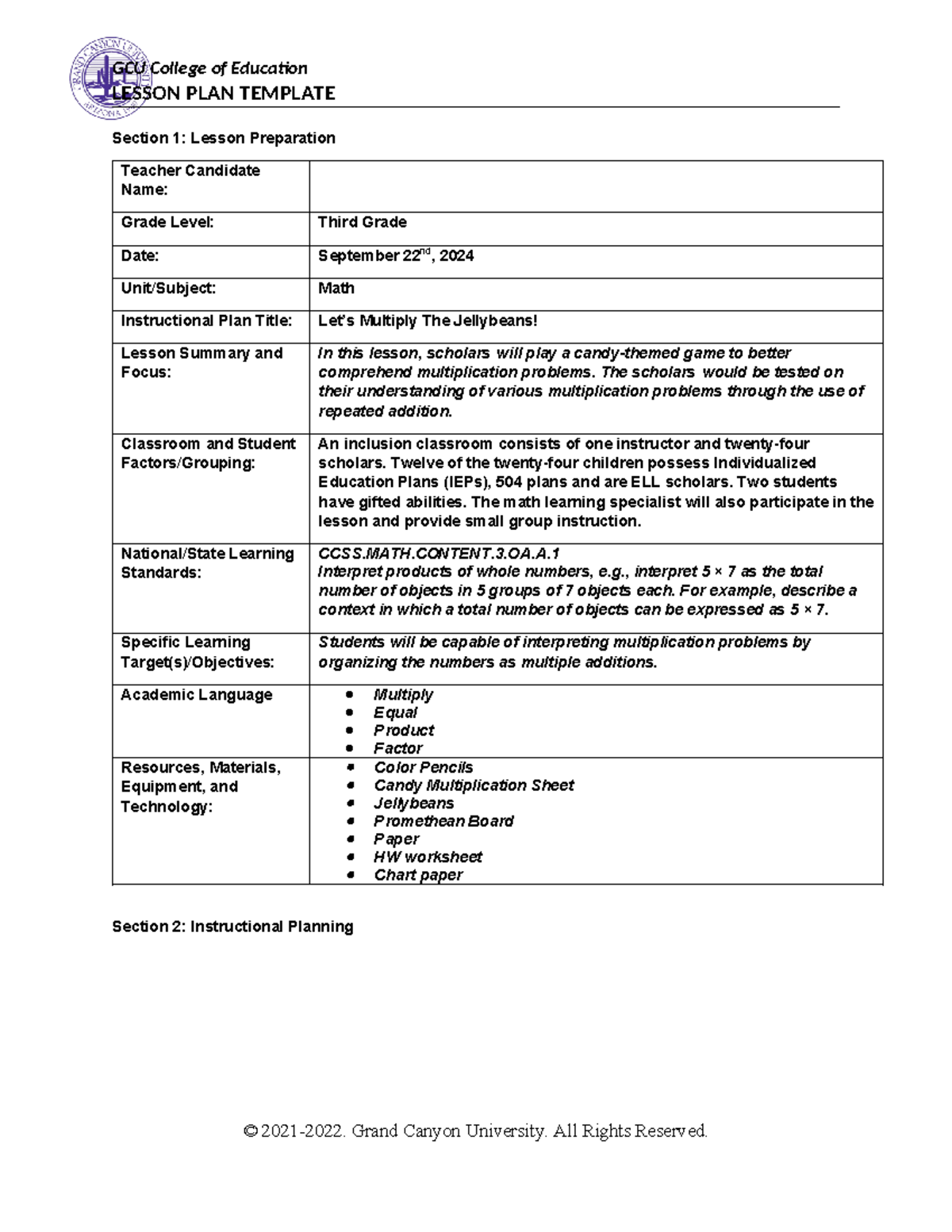 SPD 470- Operations and Algebraic Lesson Plan - GCU College of ...