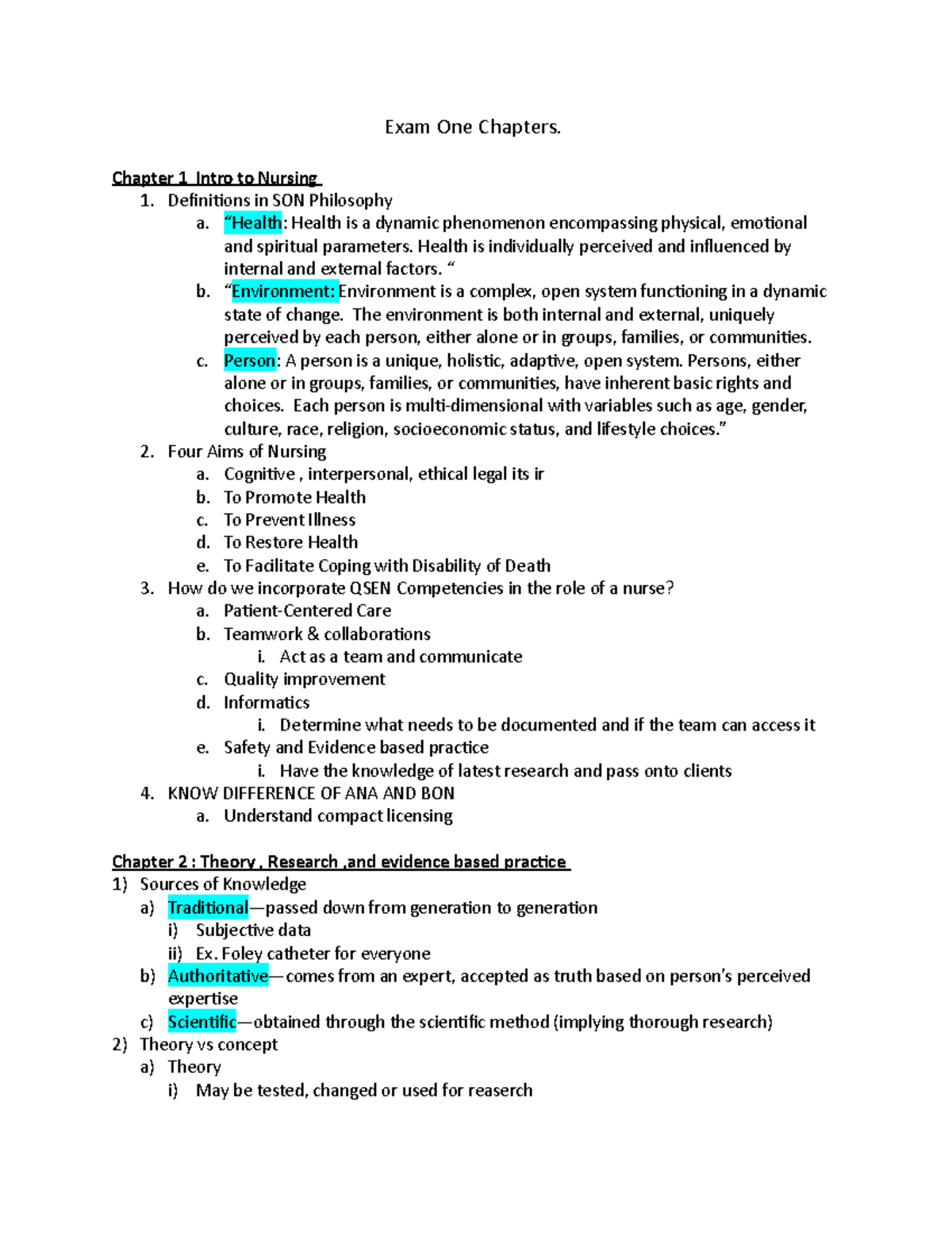 Exam One Chapters - Chapter 1 Intro to Nursing 1. Definitions in SON ...