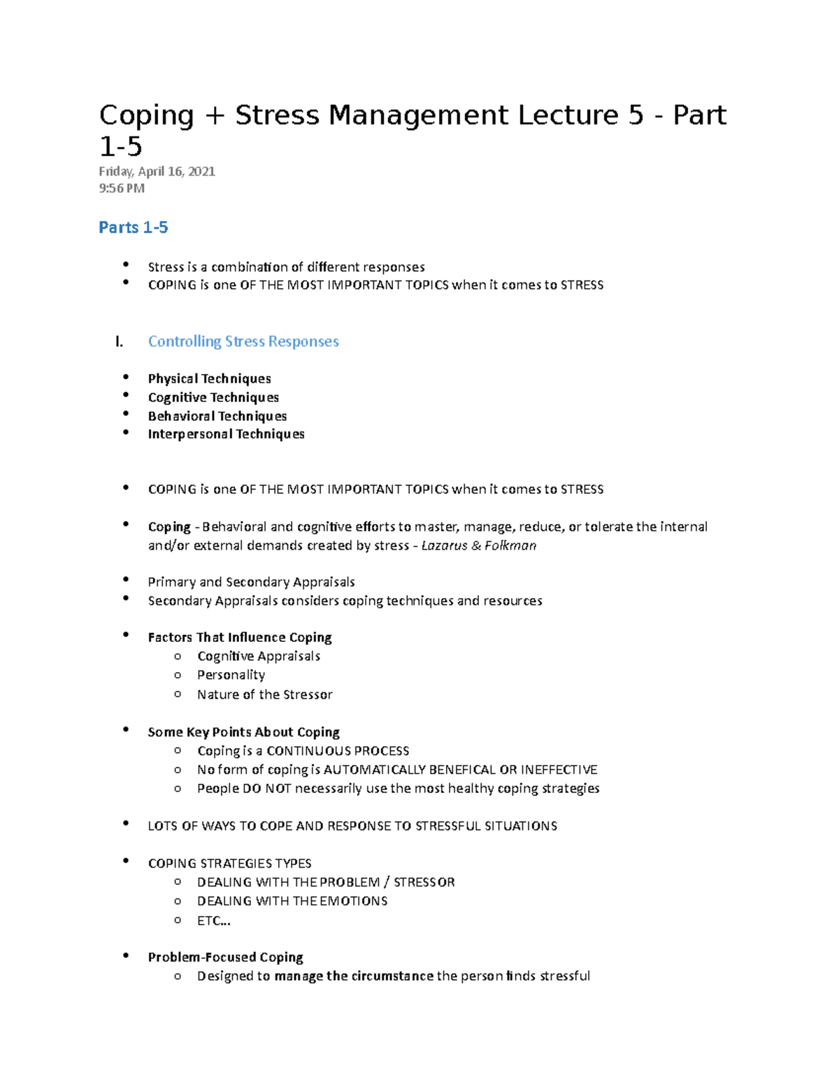 Coping + Stress Management Lecture 5 - Part 1-5 - Coping + Stress ...