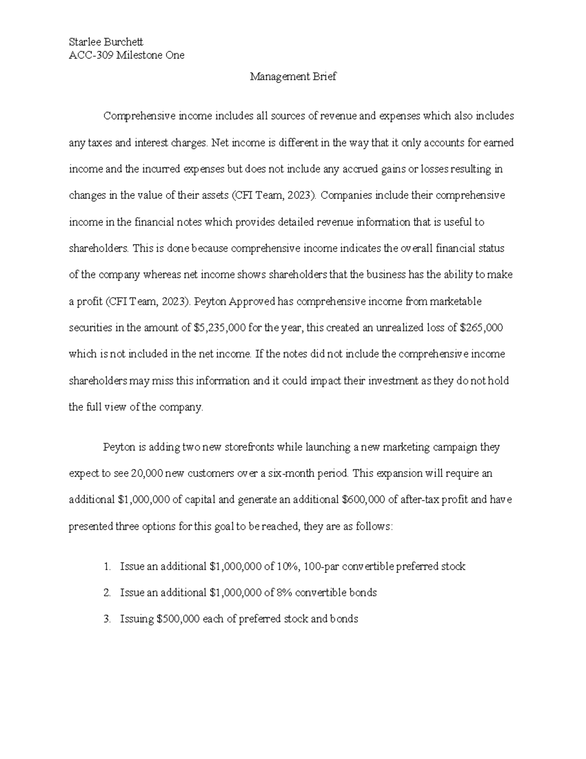 Management Brief - Starlee Burchett ACC-309 Milestone One Management ...