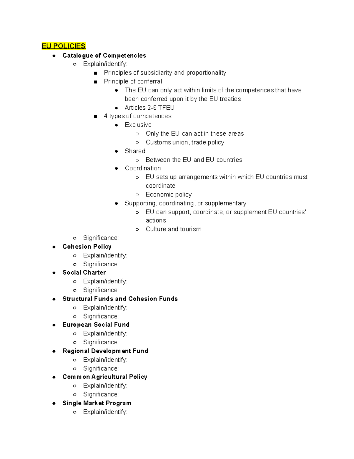 EU Policies - EU POLICIES Catalogue of Competencies Explain/identify ...