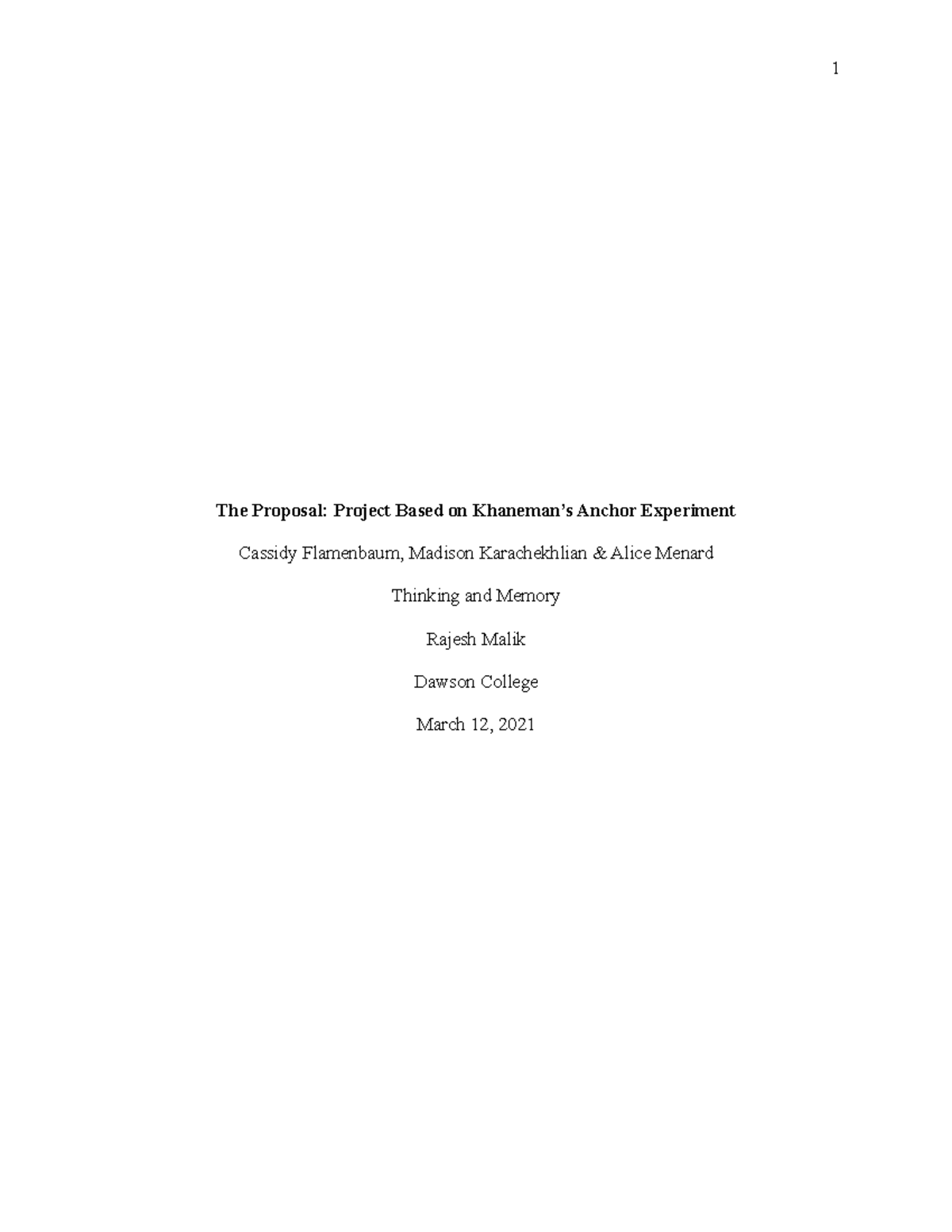 Anchoring study proposal - The Proposal: Project Based on Khaneman’s ...