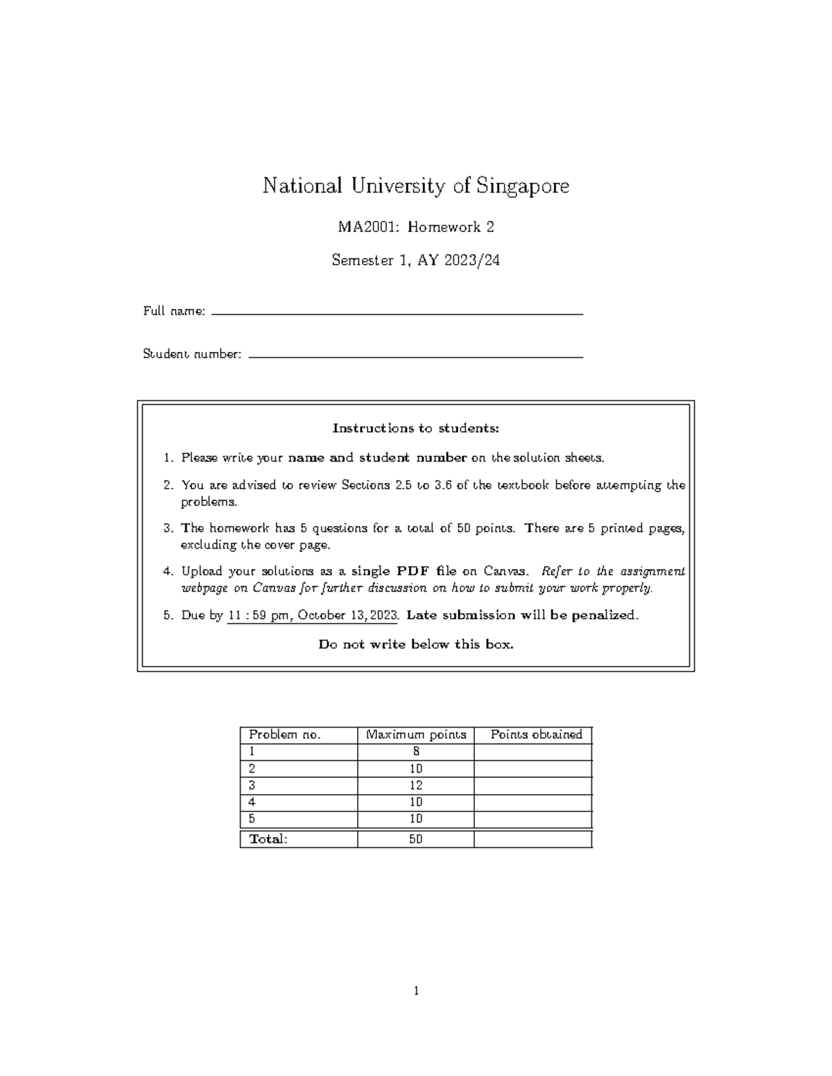 MA2001 Homework 2 - National University of Singapore MA2001: Homework 2 ...