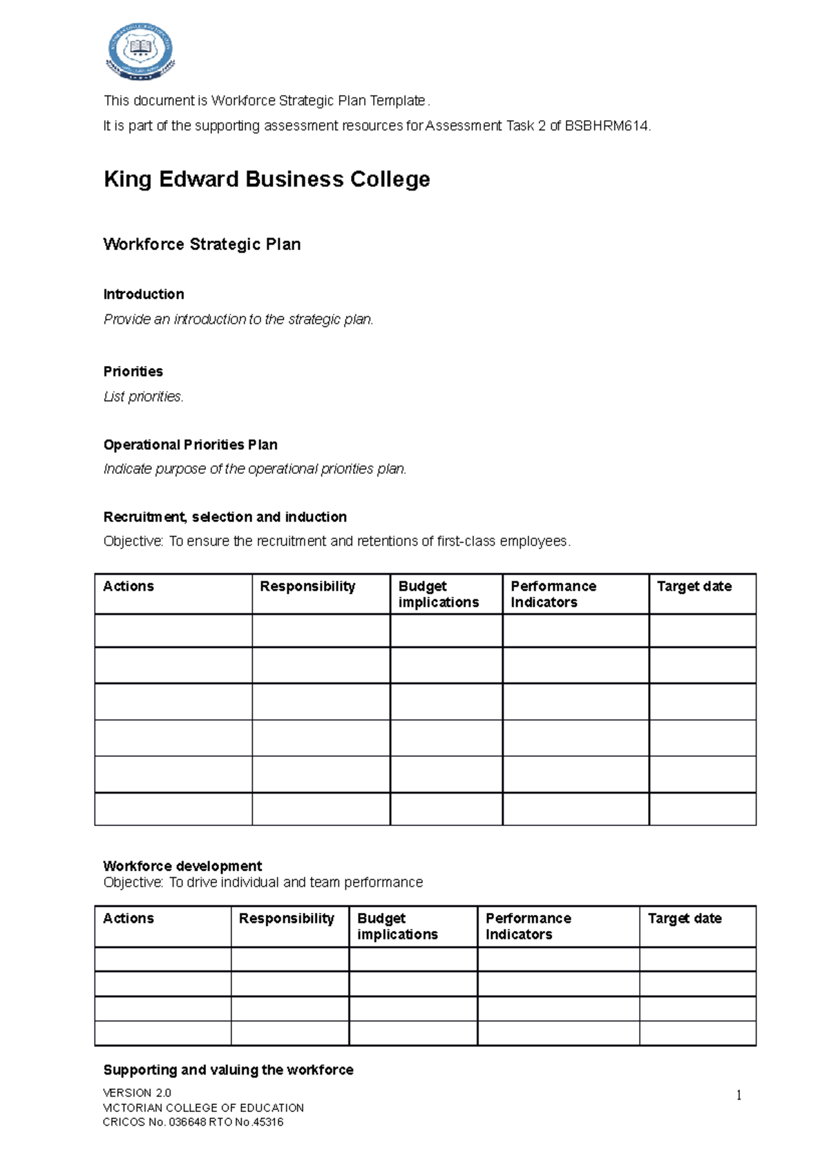Workforce Strategic Plan Template Provide an overview of the business ...