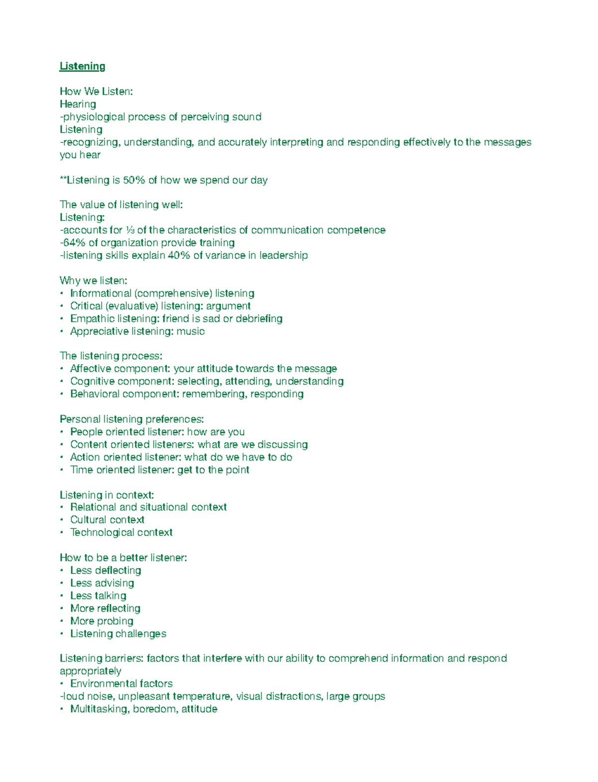 Lecture 7- Listening - Listening How We Listen: Hearing -physiological ...