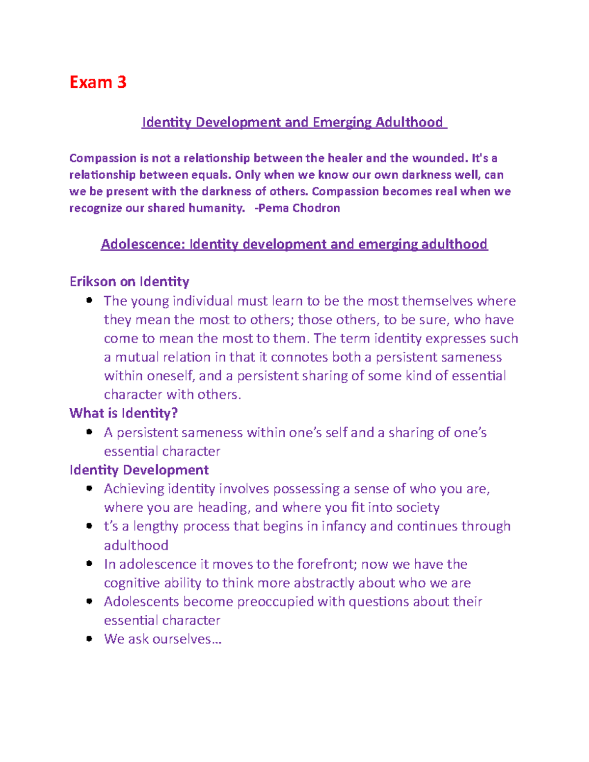 HDFS Exam 3 - exam 3 notes - Exam 3 Identity Development and Emerging ...