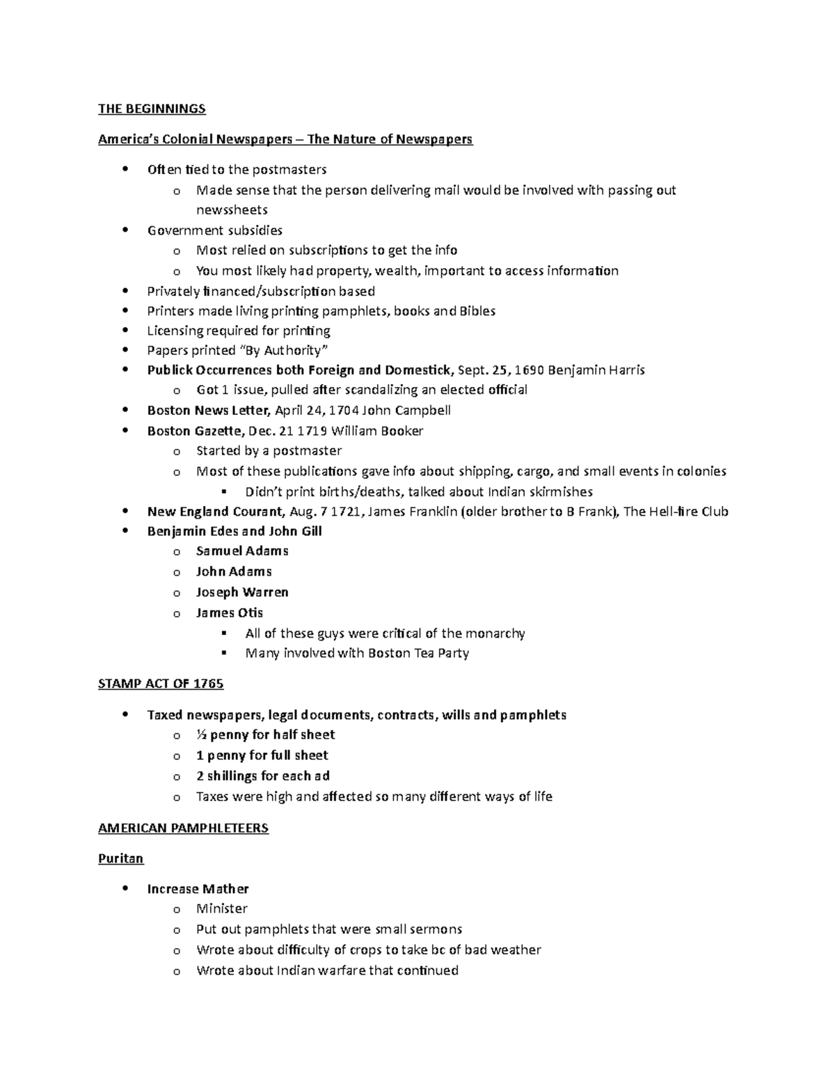 October 3 Class Notes - THE BEGINNINGS Colonial Newspapers The Nature ...