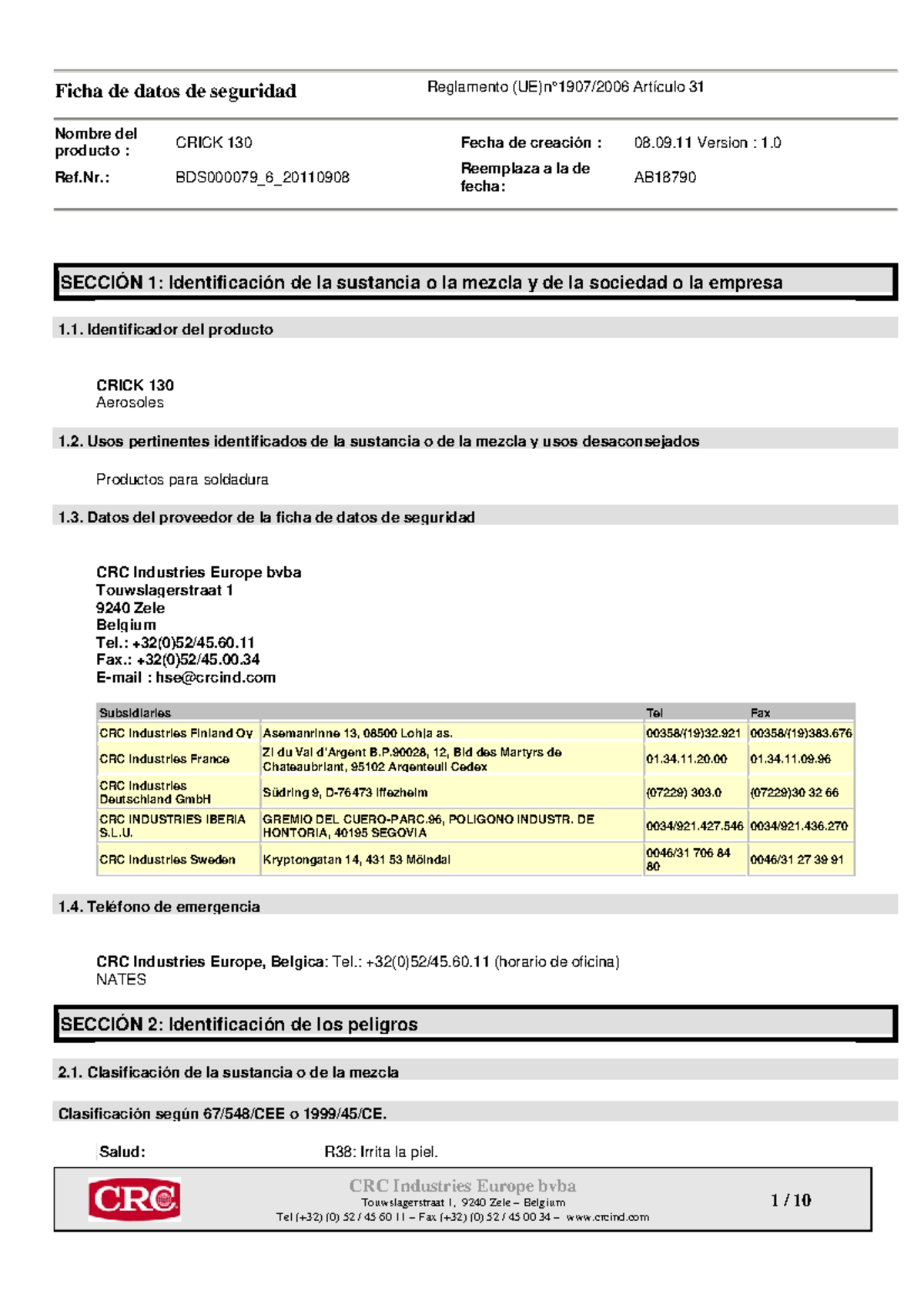 Crc Crick 130 revelador - Nombre del producto : CRICK 130 Fecha de ...