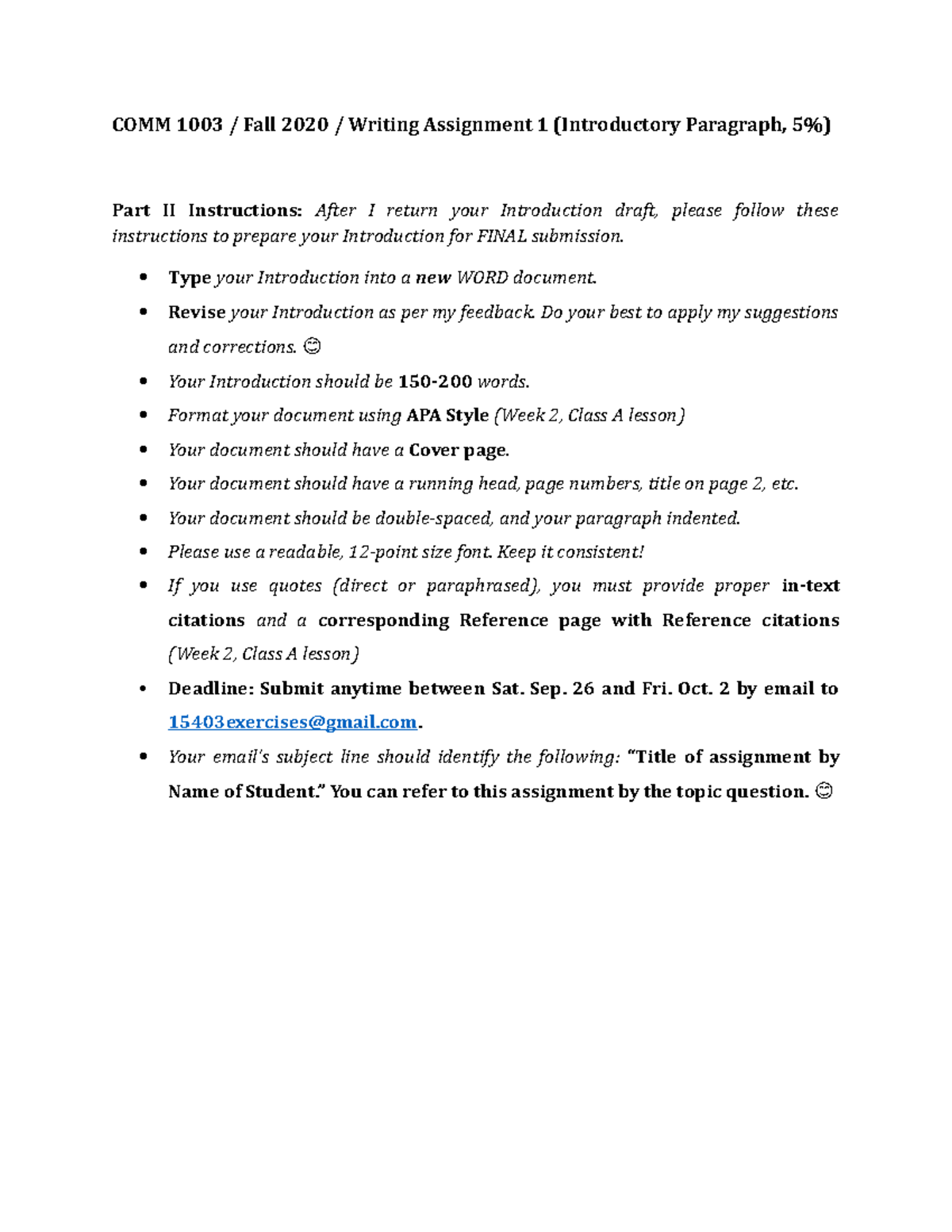 Writing Assignment 1 Submission Instructions - COMM 1003 / Fall 2020 ...
