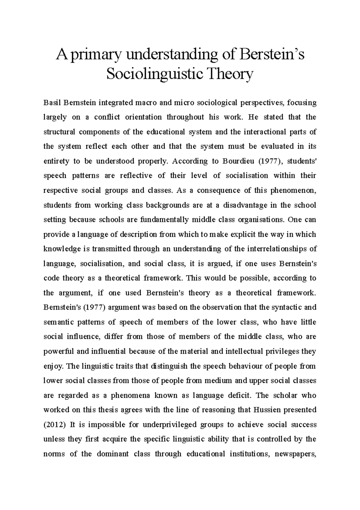 A primary understanding of Berstein’s Sociolinguistic Theory - A ...