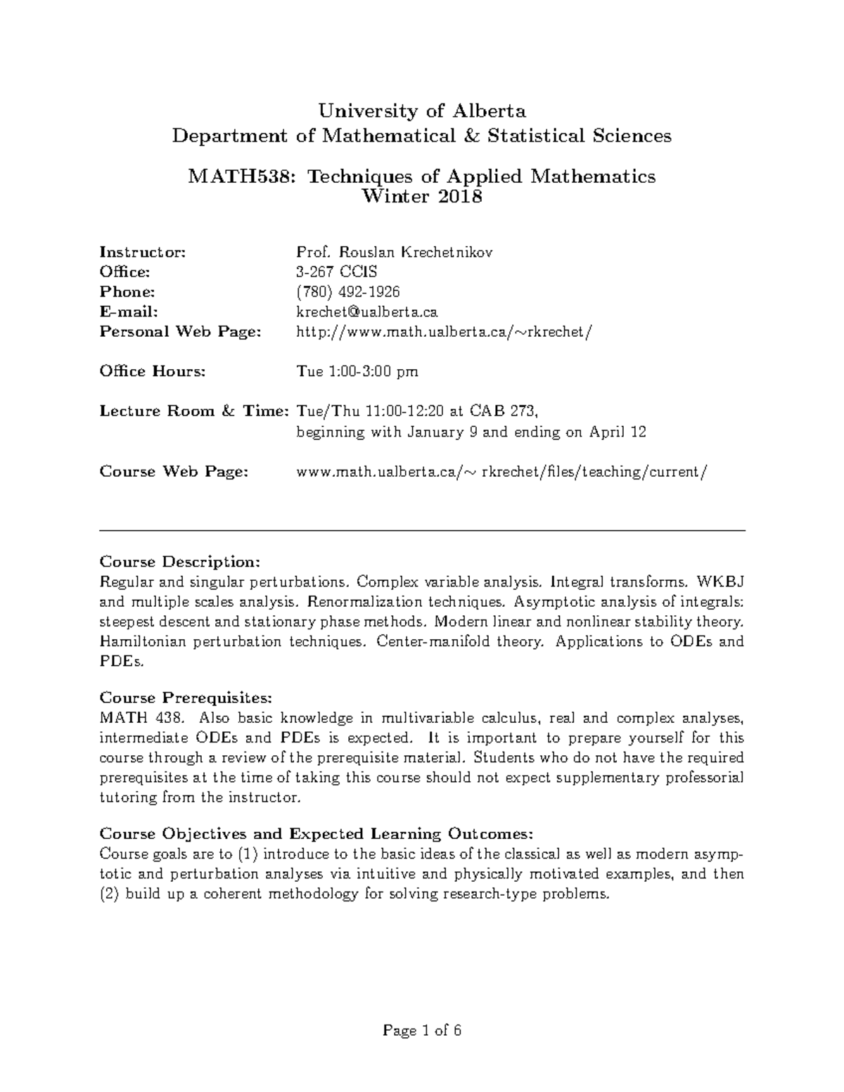 Syllabus for math 538 Techniques of Applied Mathematics - University of ...