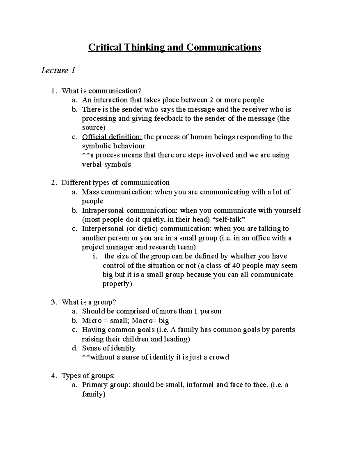 Lecture notes copy - Critical Thinking and Communications Lecture 1 ...