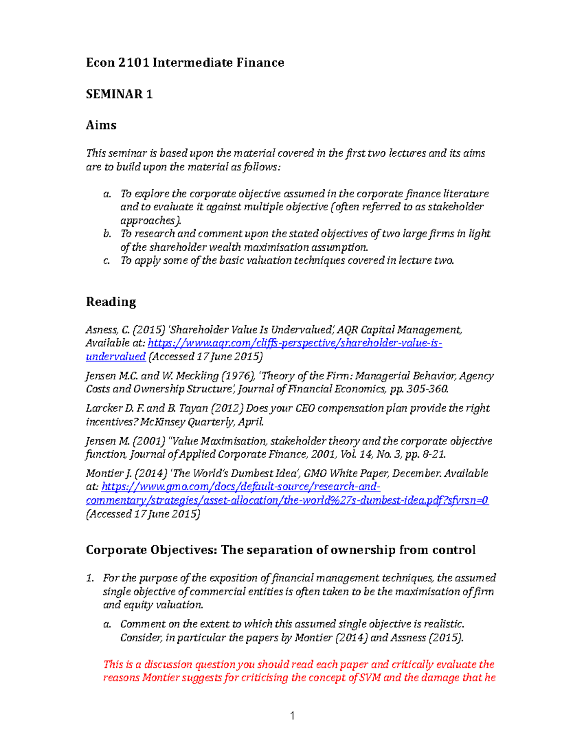 Seminar 1 Solutions - Econ 2101 Intermediate Finance SEMINAR 1 Aims ...