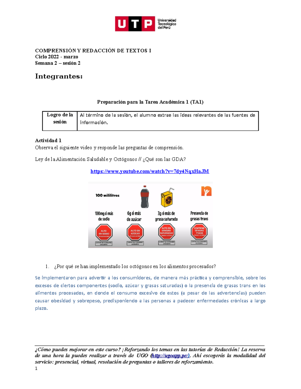 Tarea Academica 1 - COMPRENSIÓN Y REDACCIÓN DE TEXTOS I - COMPRENSIÓN Y REDACCIÓN DE TEXTOS I ...
