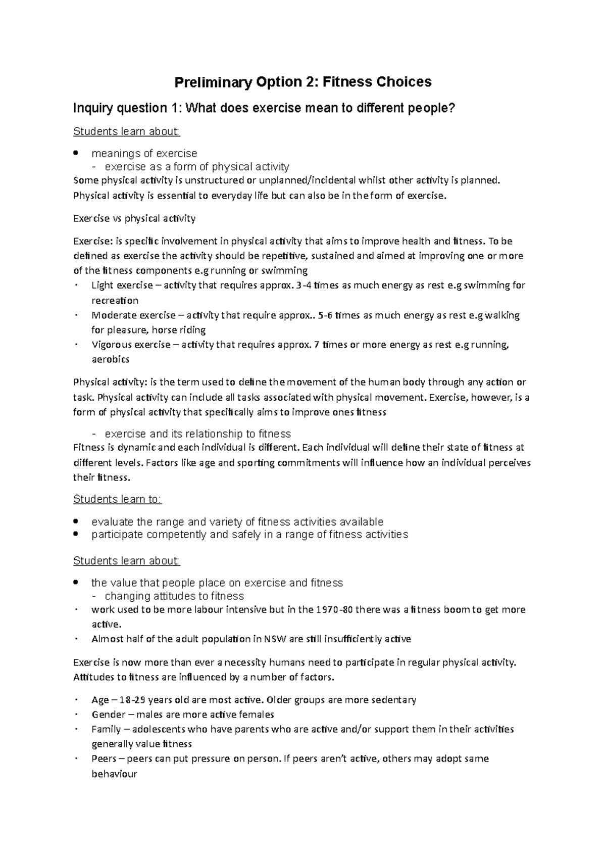 Preliminary Option 2 - not good notes - Preliminary Option 2: Fitness ...