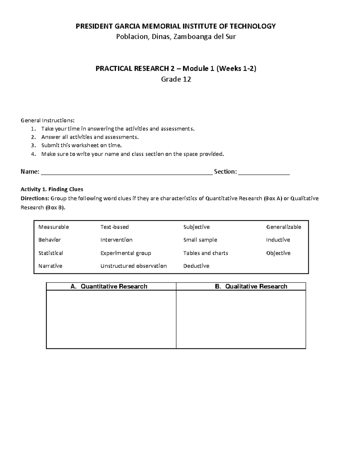 PR2 Week 1 2 Worksheet - PRESIDENT GARCIA MEMORIAL INSTITUTE OF ...
