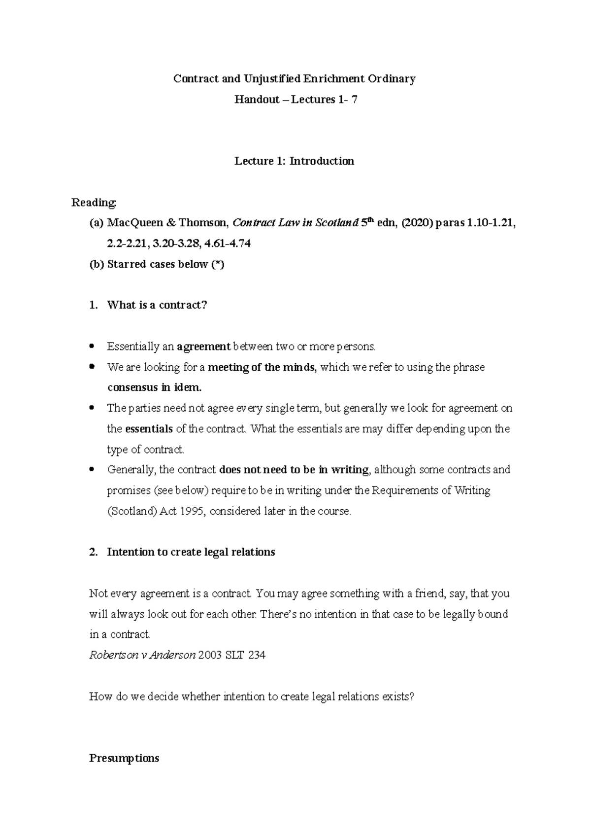 Contract Law Handout - Contract and Unjustified Enrichment Ordinary ...