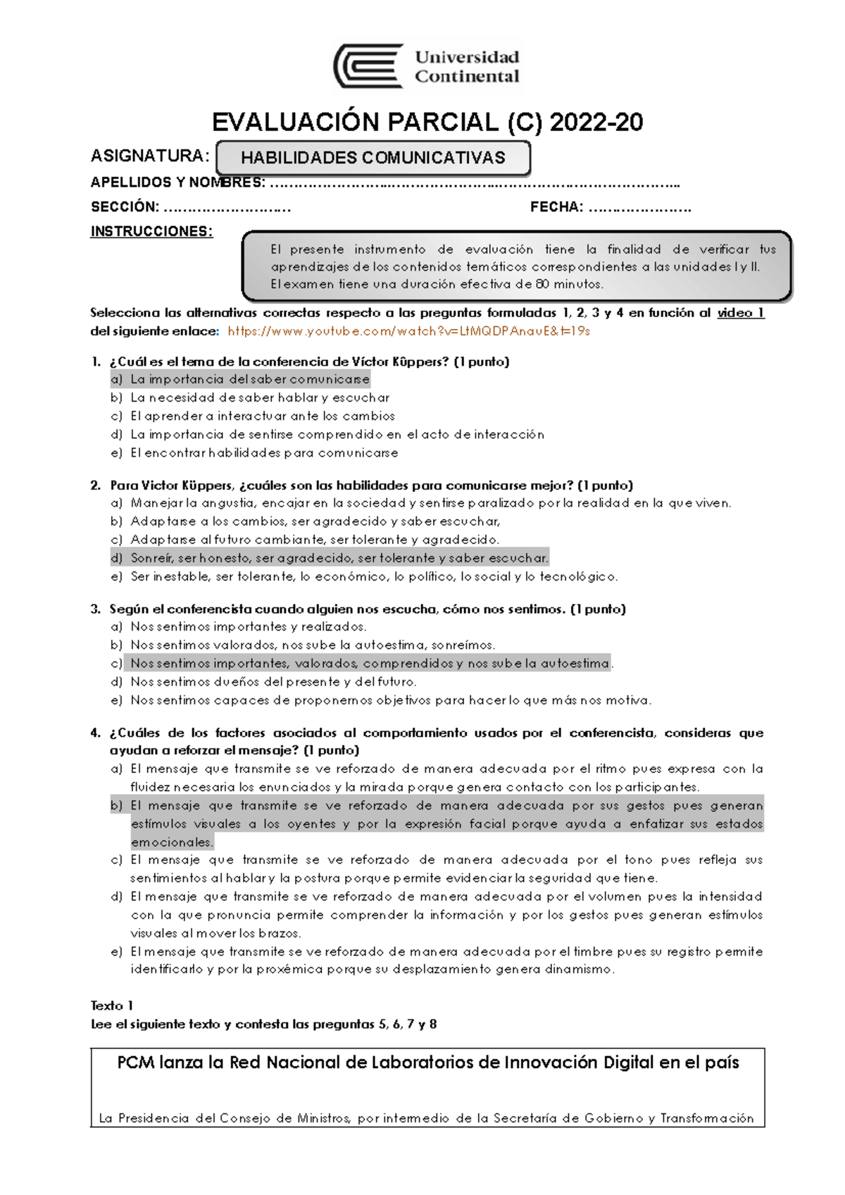 Modelo de Examen Parcial HC - EVALUACIÓN PARCIAL (C) 2022- ASIGNATURA: APELLIDOS Y NOMBRES ...