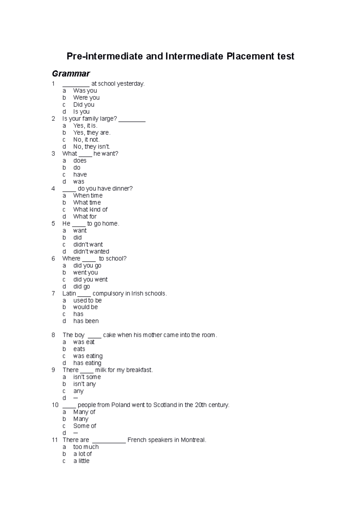 Pre-int int placement test - Pre-intermediate and Intermediate ...