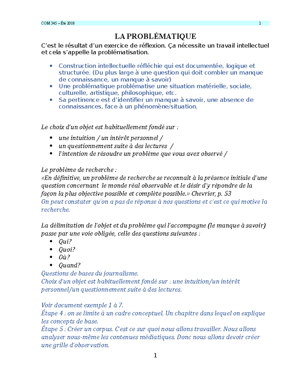 Cours 2 problématisation - COM 345 – Été 2018 1 LA PROBLÉMATIQUE C’est ...
