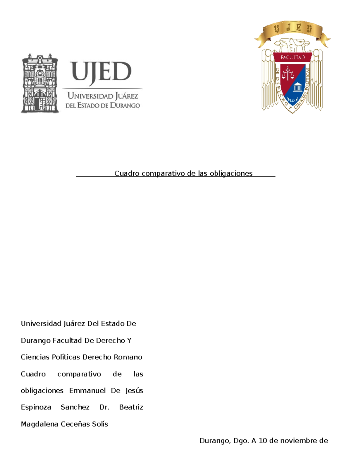 Cuadro Comparativo de las Obligaciones del Derecho Romano con nuestro ...