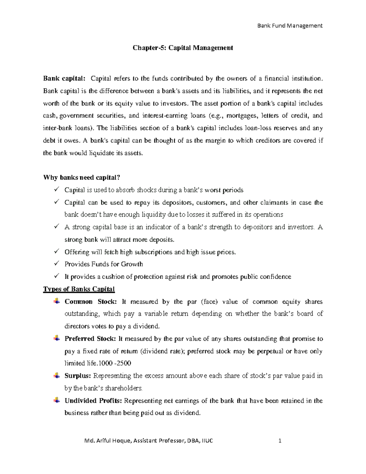 Chapter-5 Capital Management - Bank capital is the difference between a ...