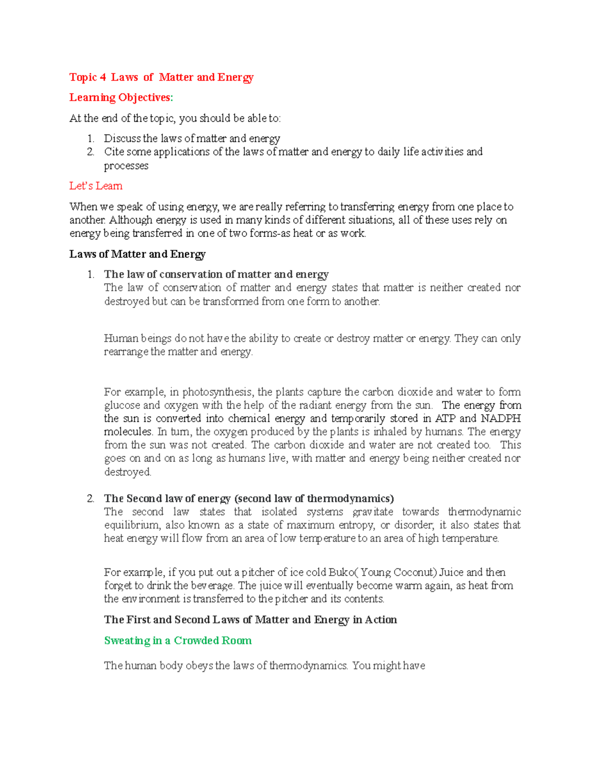Matter AND Energy: Chemistry - Topic 4 Laws of Matter and Energy ...