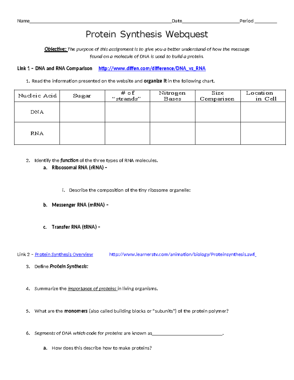 Protein-synthesis-webquest - Name Date Period Protein Synthesis ...