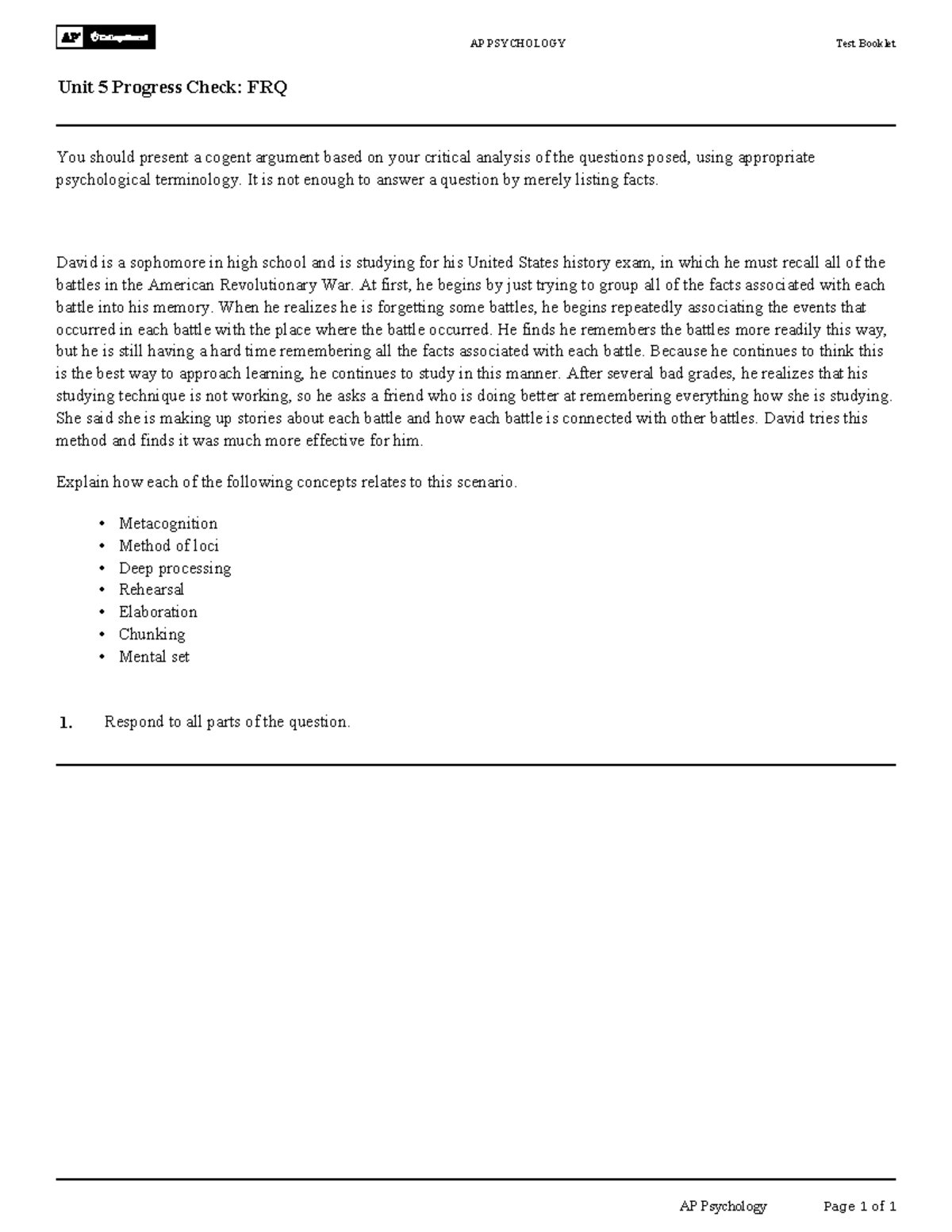 FRQ Assignment - You should present a cogent argument based on your ...